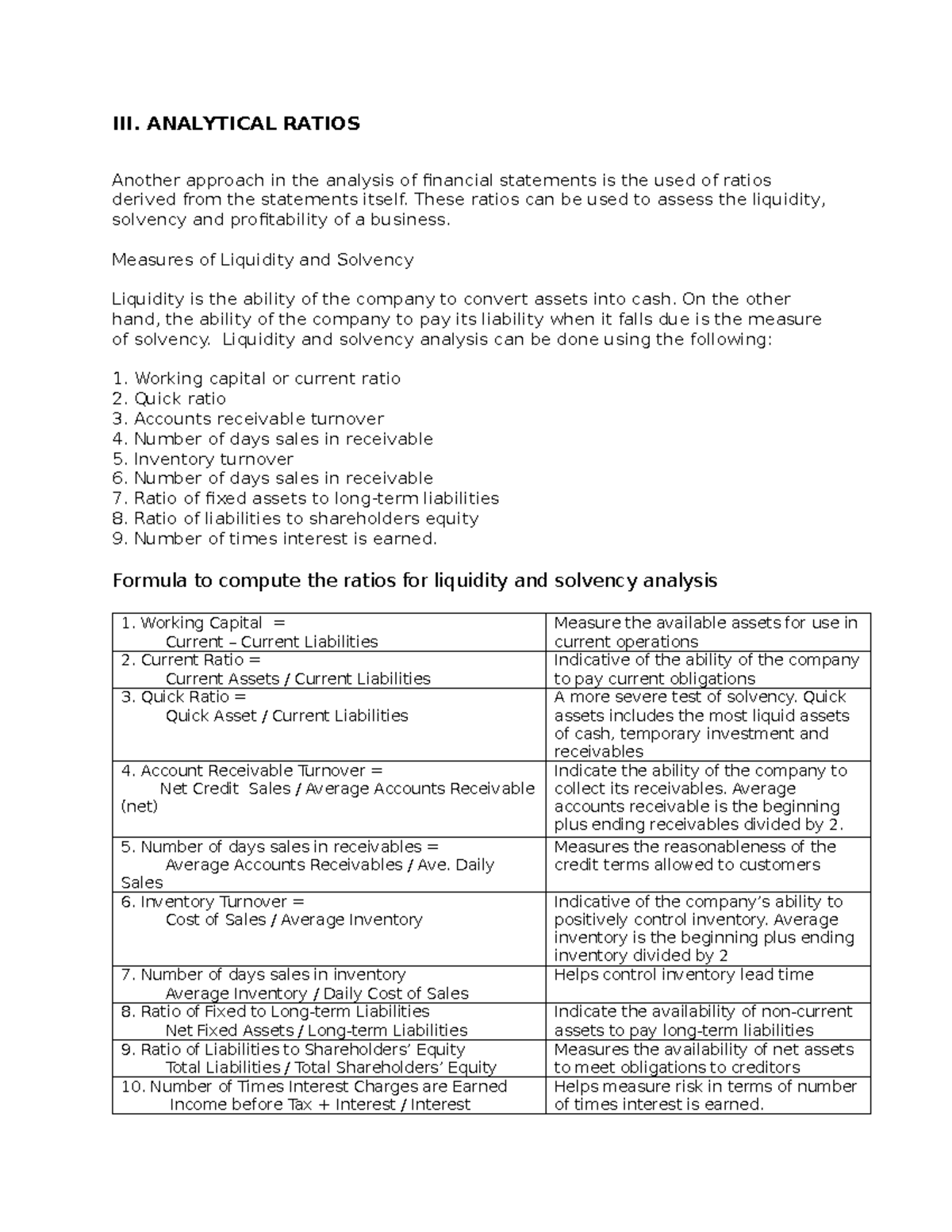 ANALYTICAL RATIOS: Assessing Liquidity, Solvency, and Profitability - Studocu