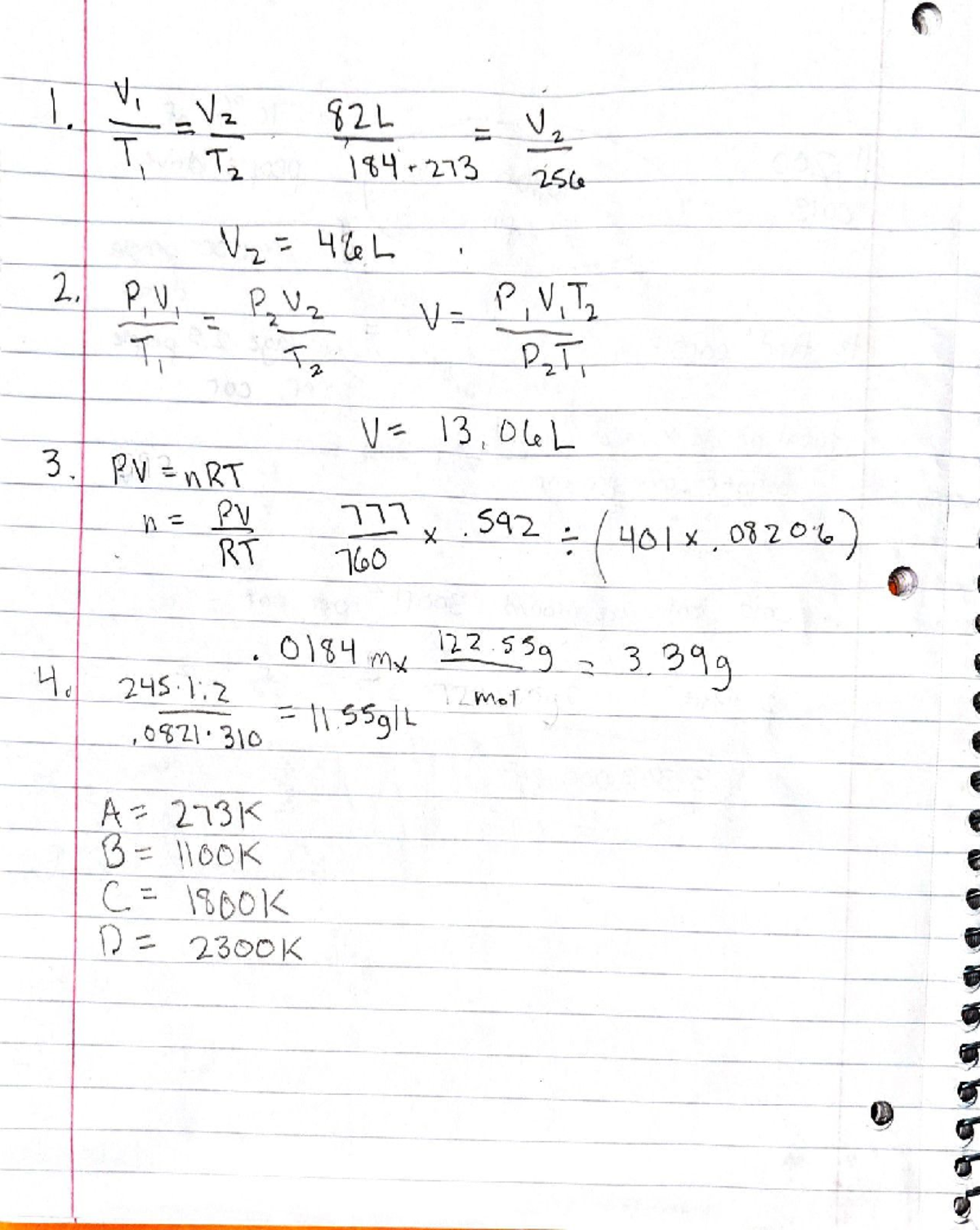 Week 15 Recitation - CHEM1040 - 1. V1 V2 82L = V2 T, T2 184-273 256 V2 ...