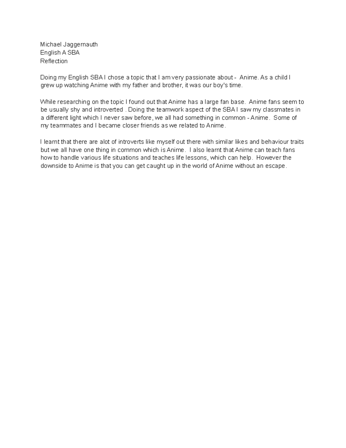 English A SBA Reflection: Exploring the Impact of Anime on Social Bonds ...