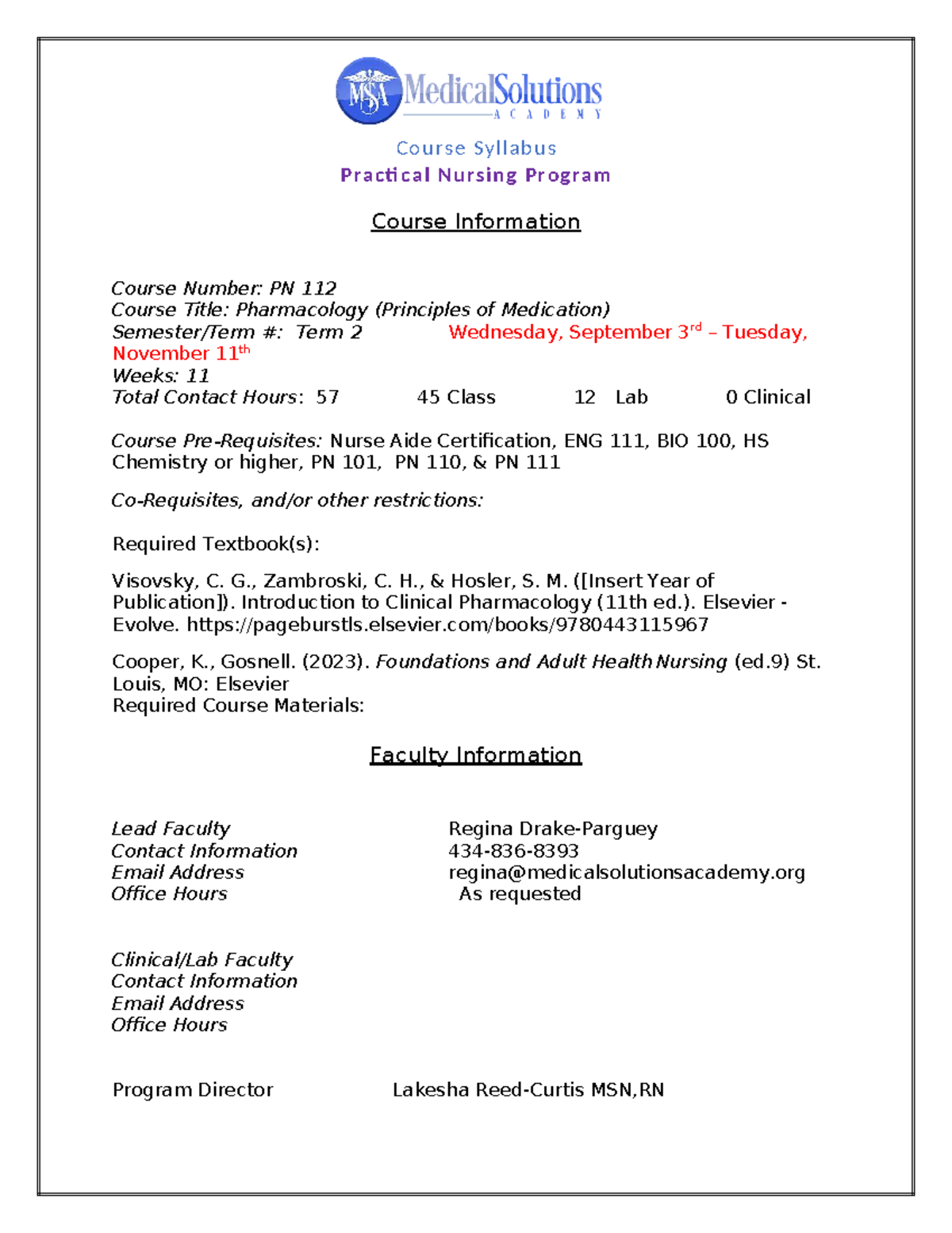 PN 112 Pharmacology Syllabus for Practical Nursing Program - Studocu