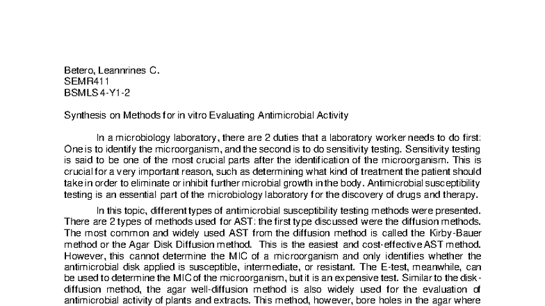 SEMR411 BSMLS Synthesis of Antimicrobial Activity Evaluation Methods ...