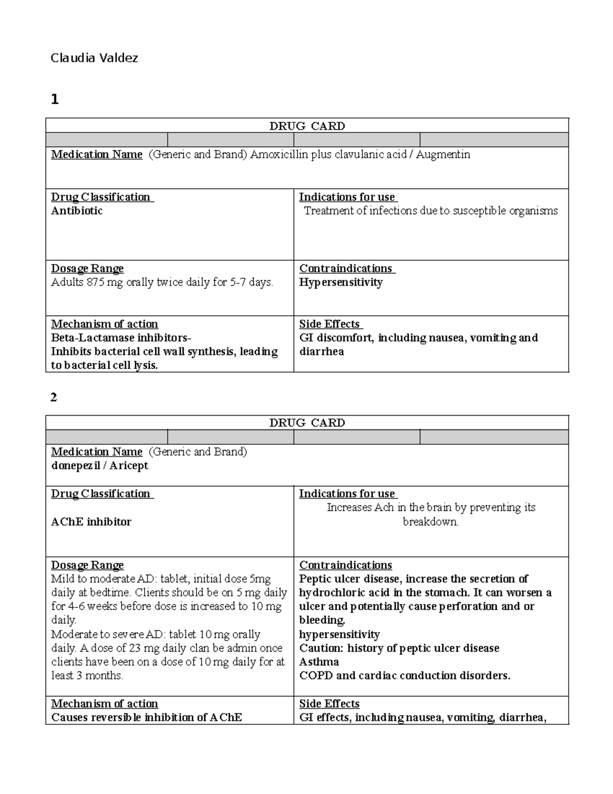 Drug Card 1 - drug cards - Claudia Valdez 1 DRUG CARD Medication Name ...