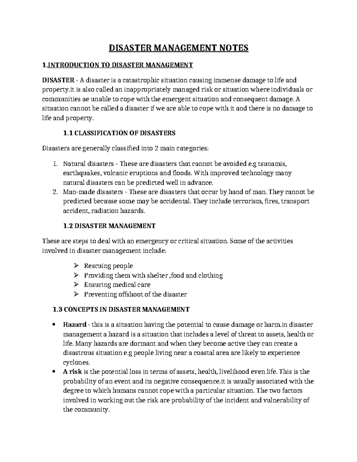 Disaster Management Notes: Understanding Risks, Preparedness & Response ...
