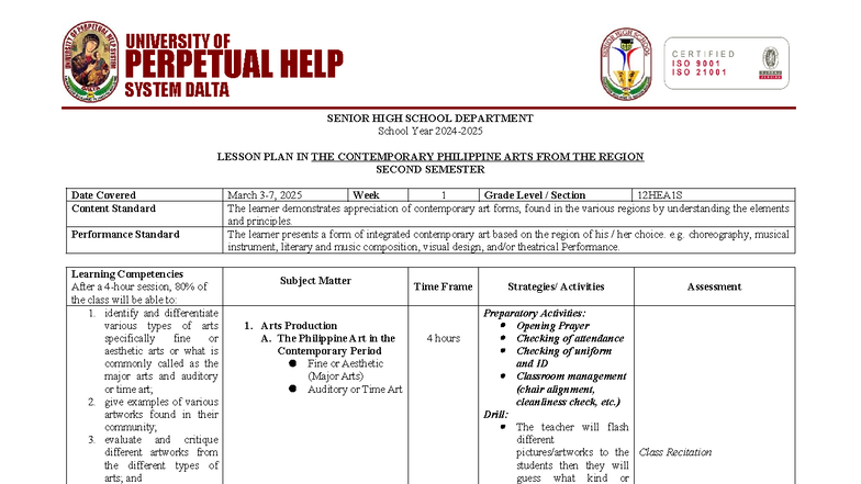 2425 CPAR Lesson Plan: Contemporary Philippine Arts - 2nd Sem - Studocu