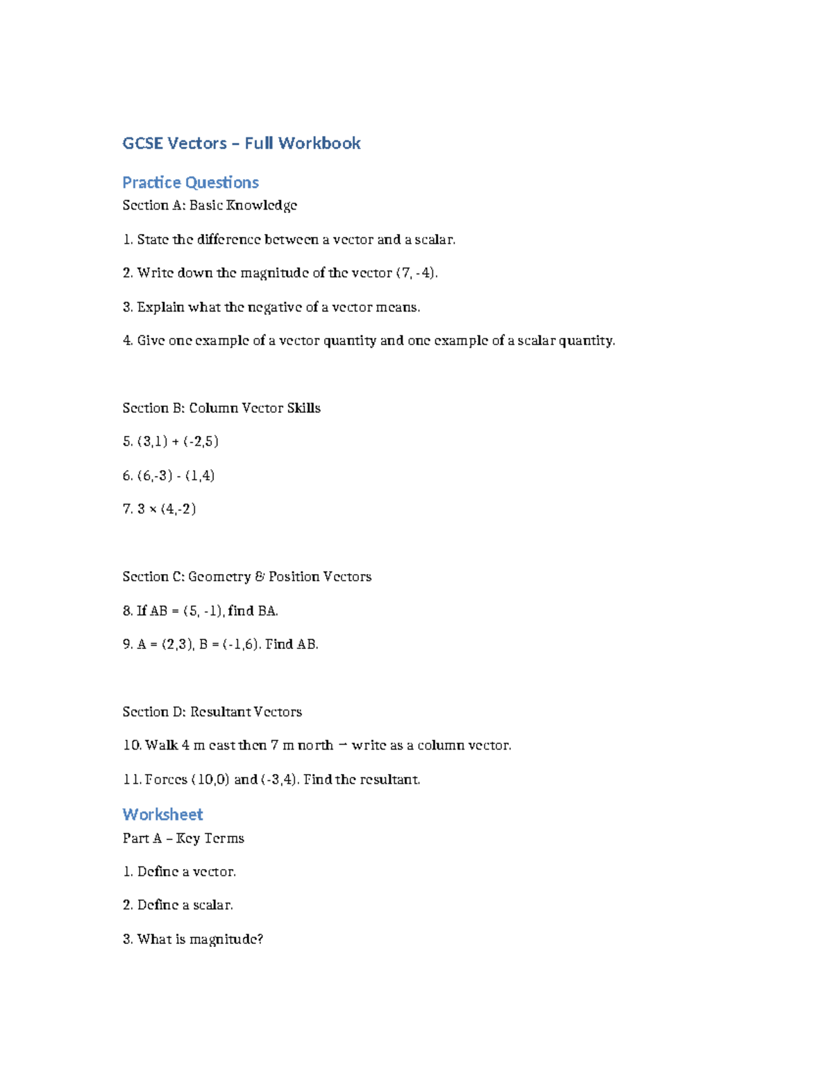 GCSE Vectors Workbook: Practice Questions & Answers - Studocu