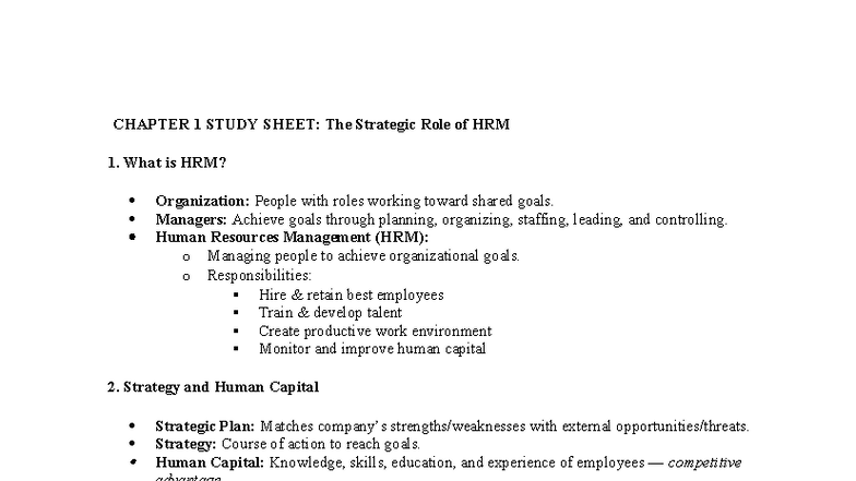 HRM 200 Study Sheet: Strategic Role of HRM and Employment Law - Studocu