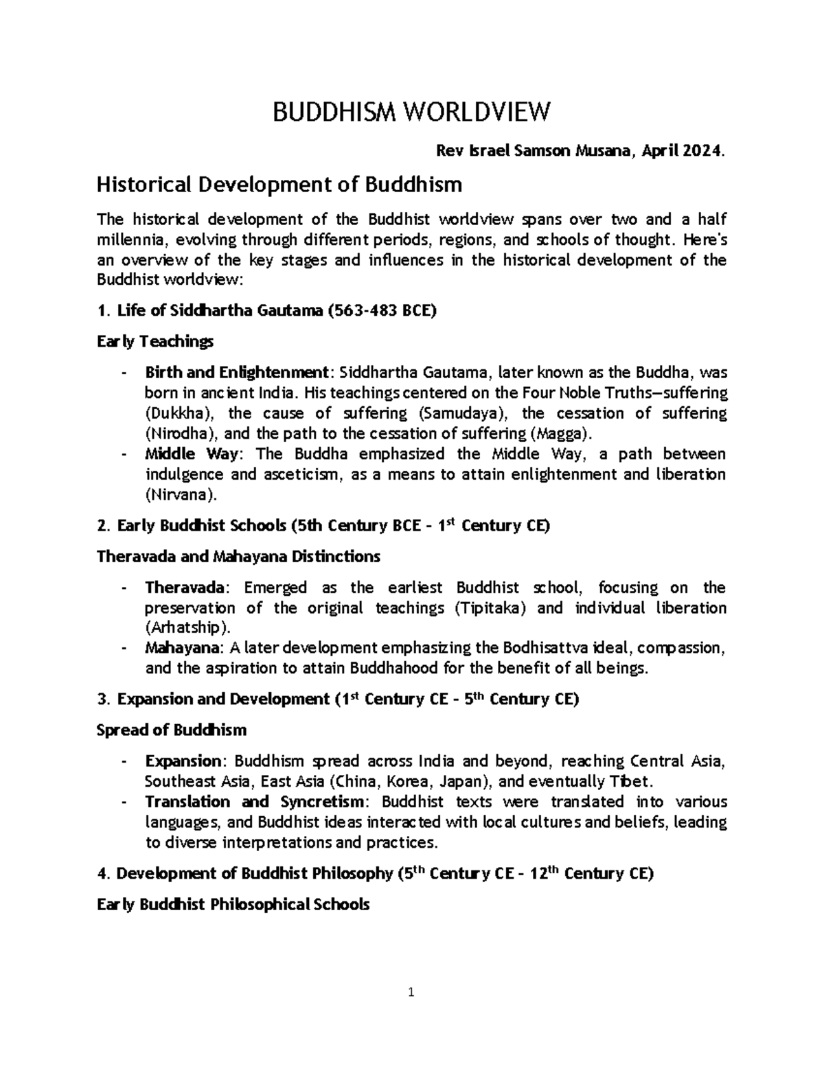 BUDDHISM WORLDVIEW LECTURE NOTES - Rev Israel Samson Musana, April 2024 ...