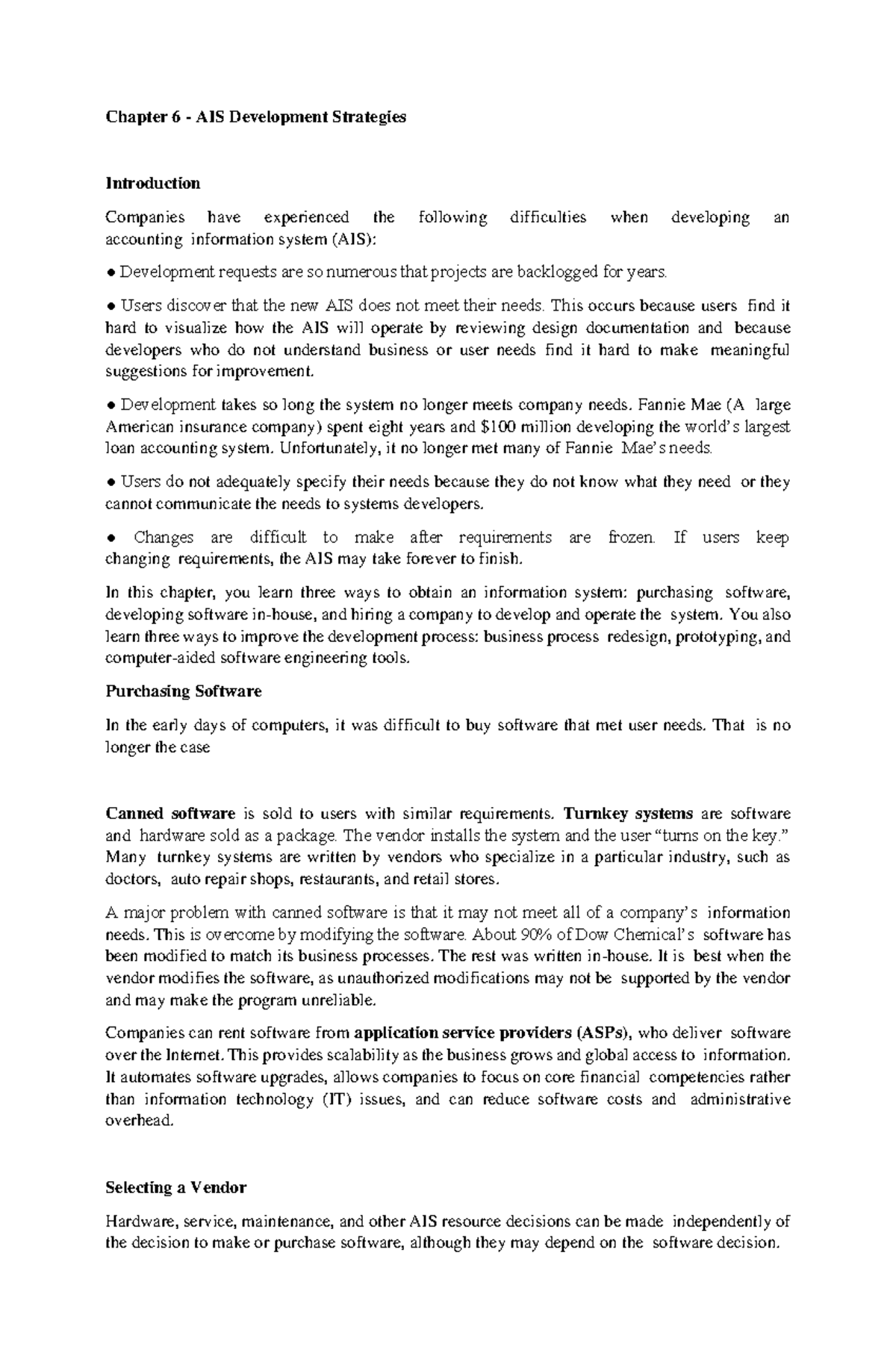 Chapter 6 - Strategies for AIS Development and Implementation - Studocu