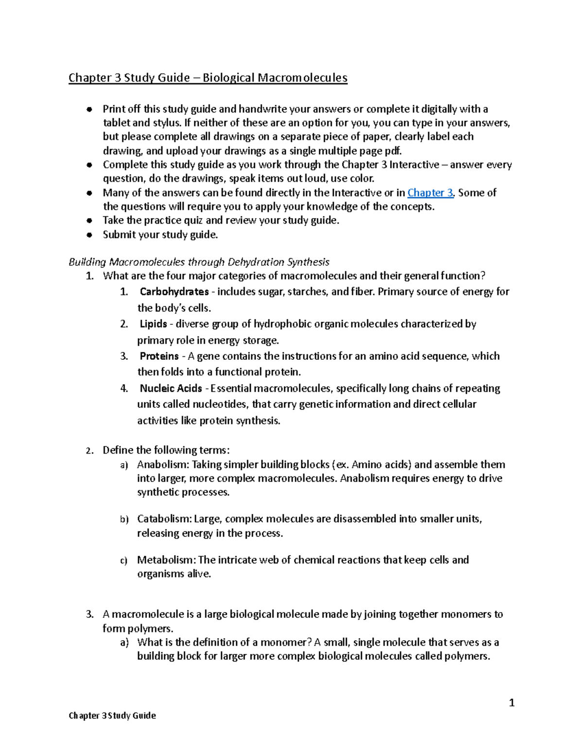 Chapter 3 Study Guide: Biological Macromolecules (Bio 2e) - Studocu