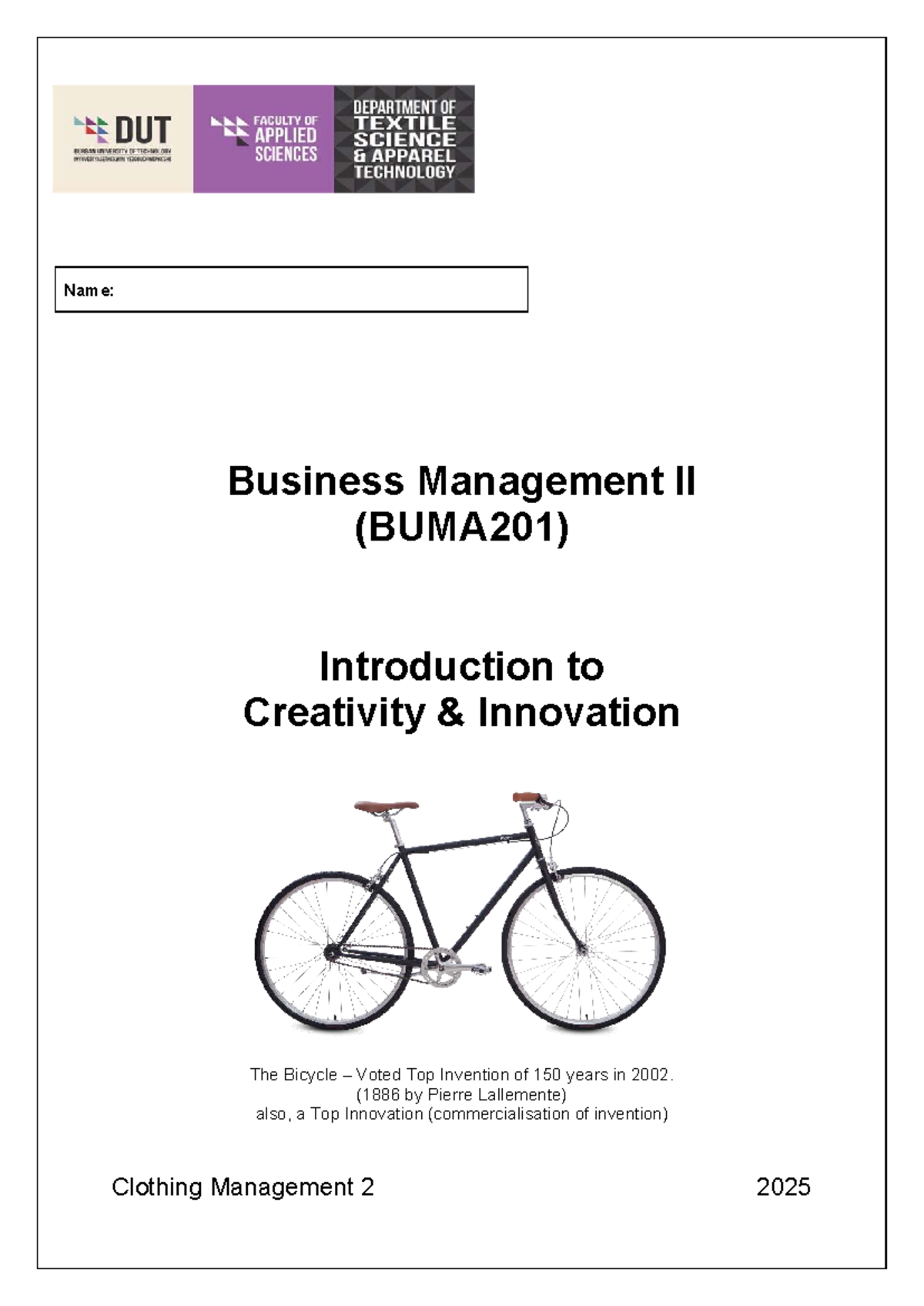 BUMA201: Creativity & Innovation Lecture Notes - Studocu
