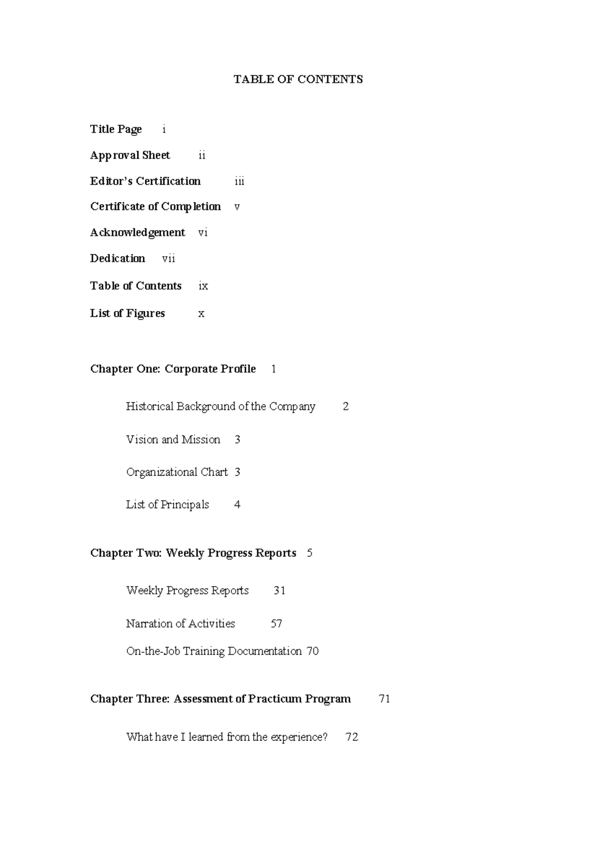 Comprehensive Table of Contents for Practicum Program Report - Studocu