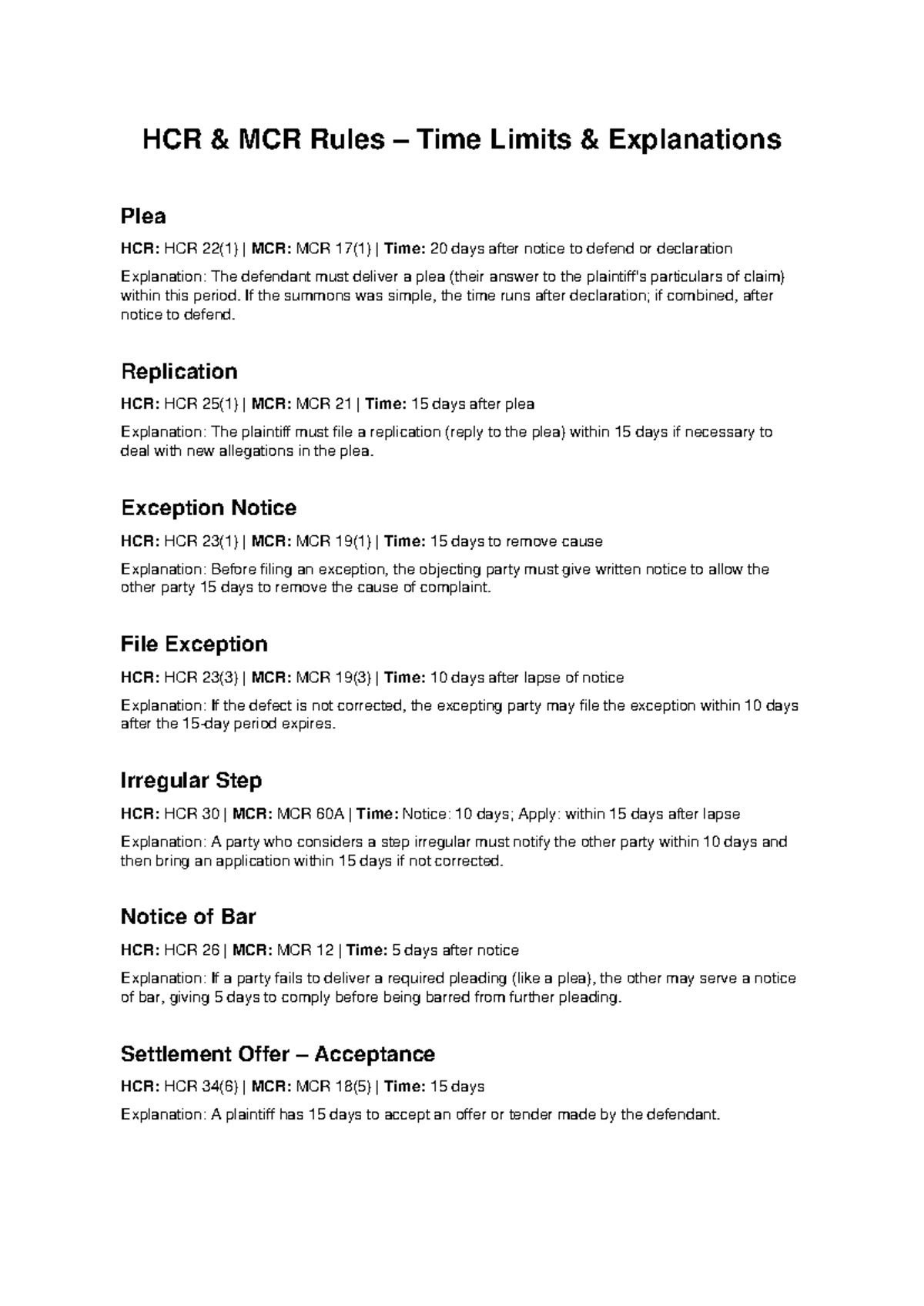 HCR MCR Rules & Time Limits: SIP 421 Overview - Studocu