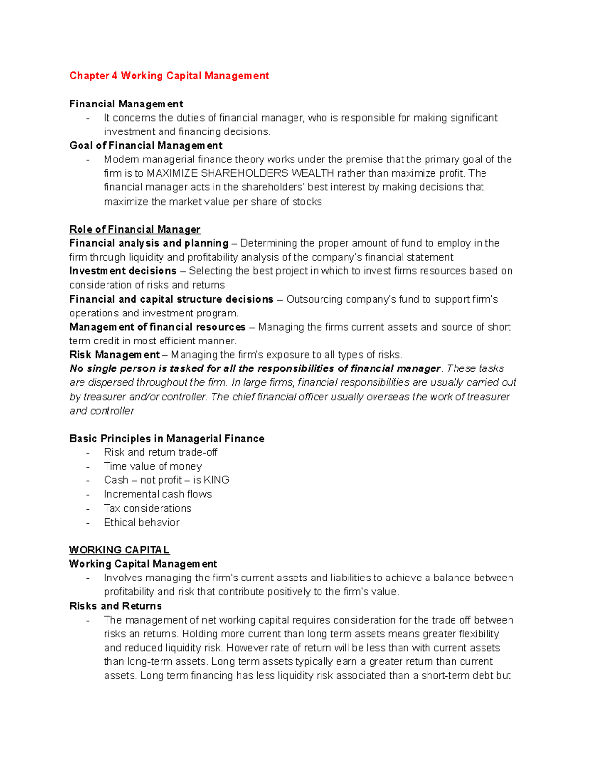 Finman - Working Capital Management Lecture Notes - Review Guide - Studocu