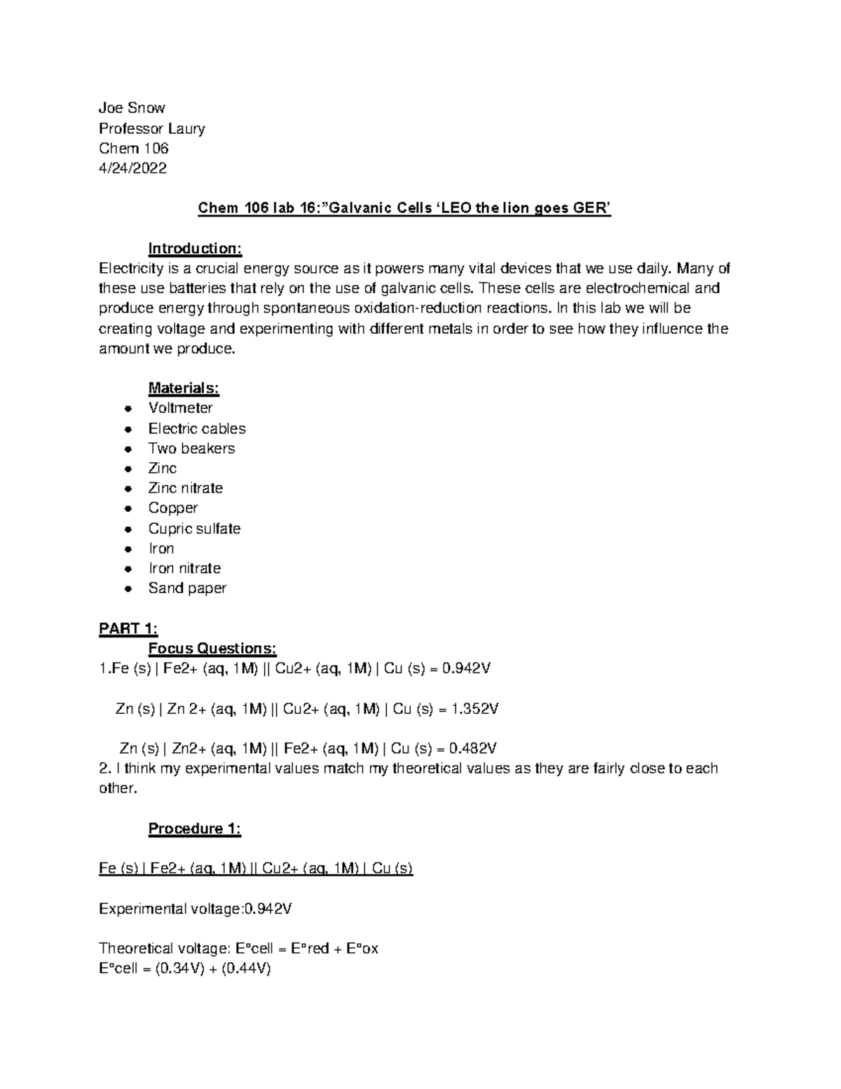 Chem 106 Lab Report: Exploring Galvanic Cells and Voltage Production ...