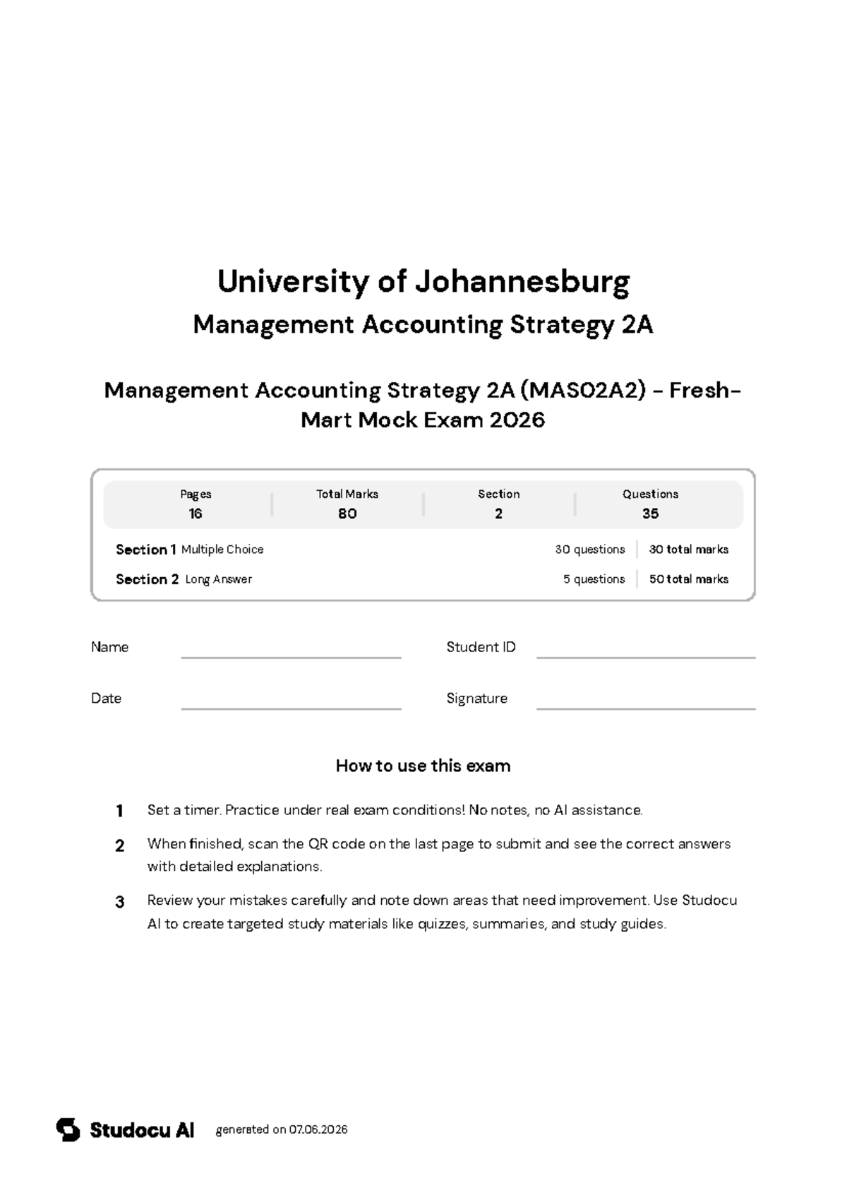 Management Accounting Strategy 2A - FreshMart Mock Exam 2026 - Studocu