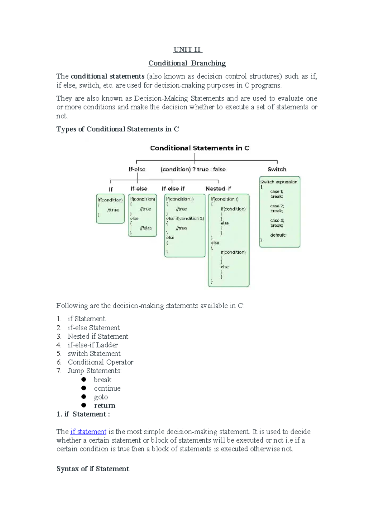 C Programming (CS101) - Unit II: Conditional Branching Explained - Studocu