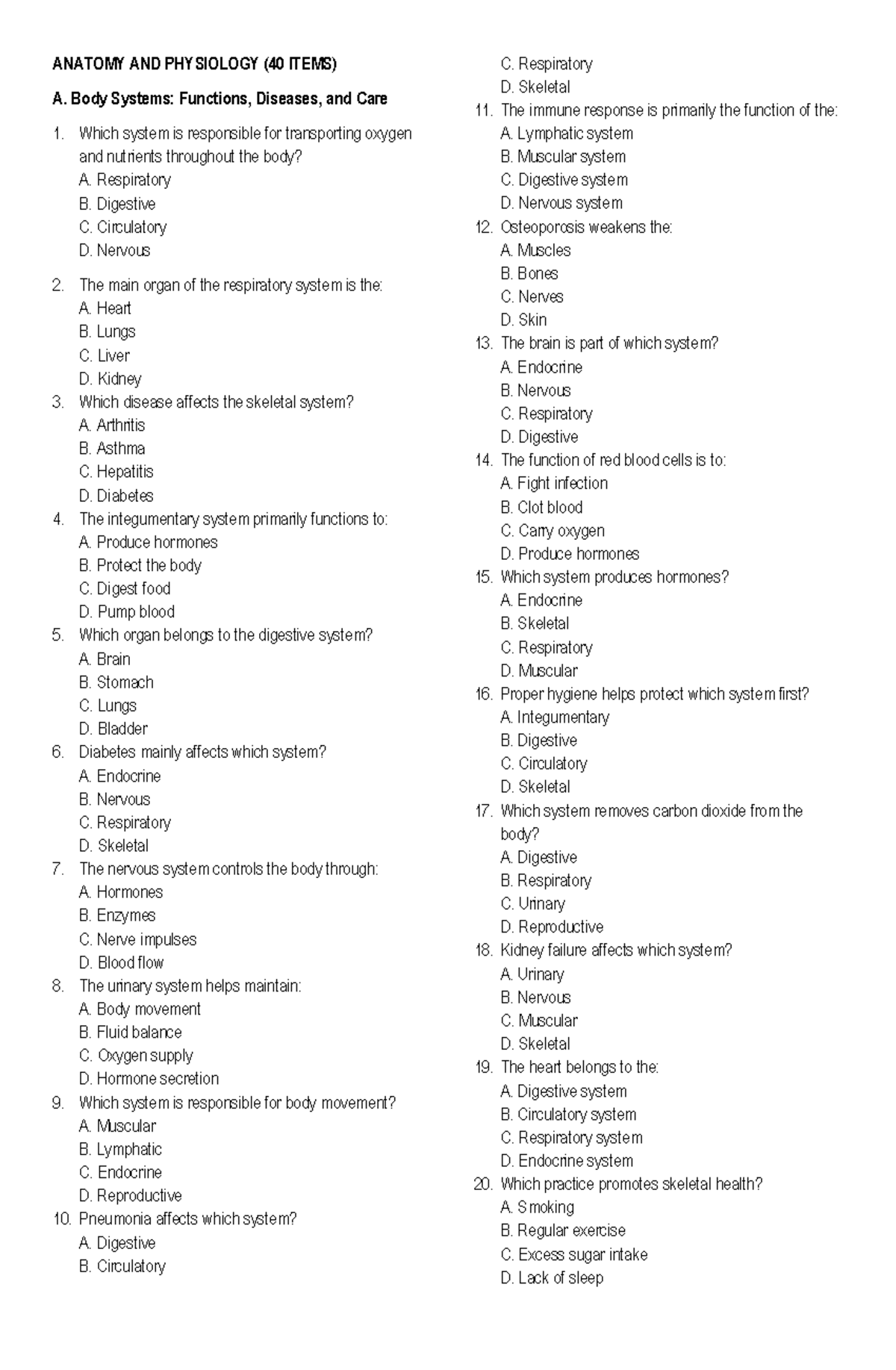 ANATOMY AND PHYSIOLOGY (40 ITEMS) & INORGANIC CHEMISTRY REVIEW - Studocu