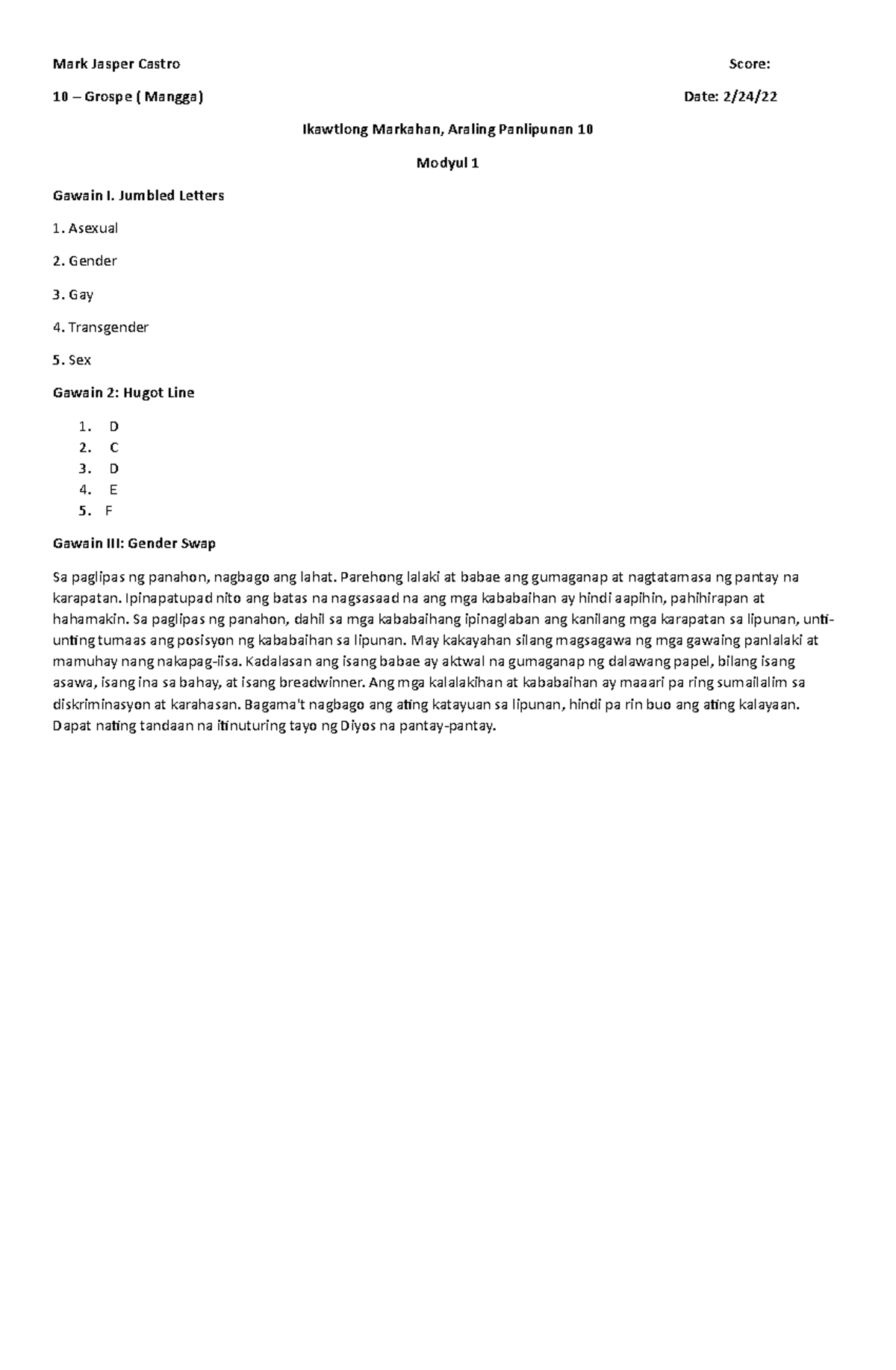 AP 10, Q3 Module 1 AND 2 - Mark Jasper Castro Score: 10 – Grospe ...