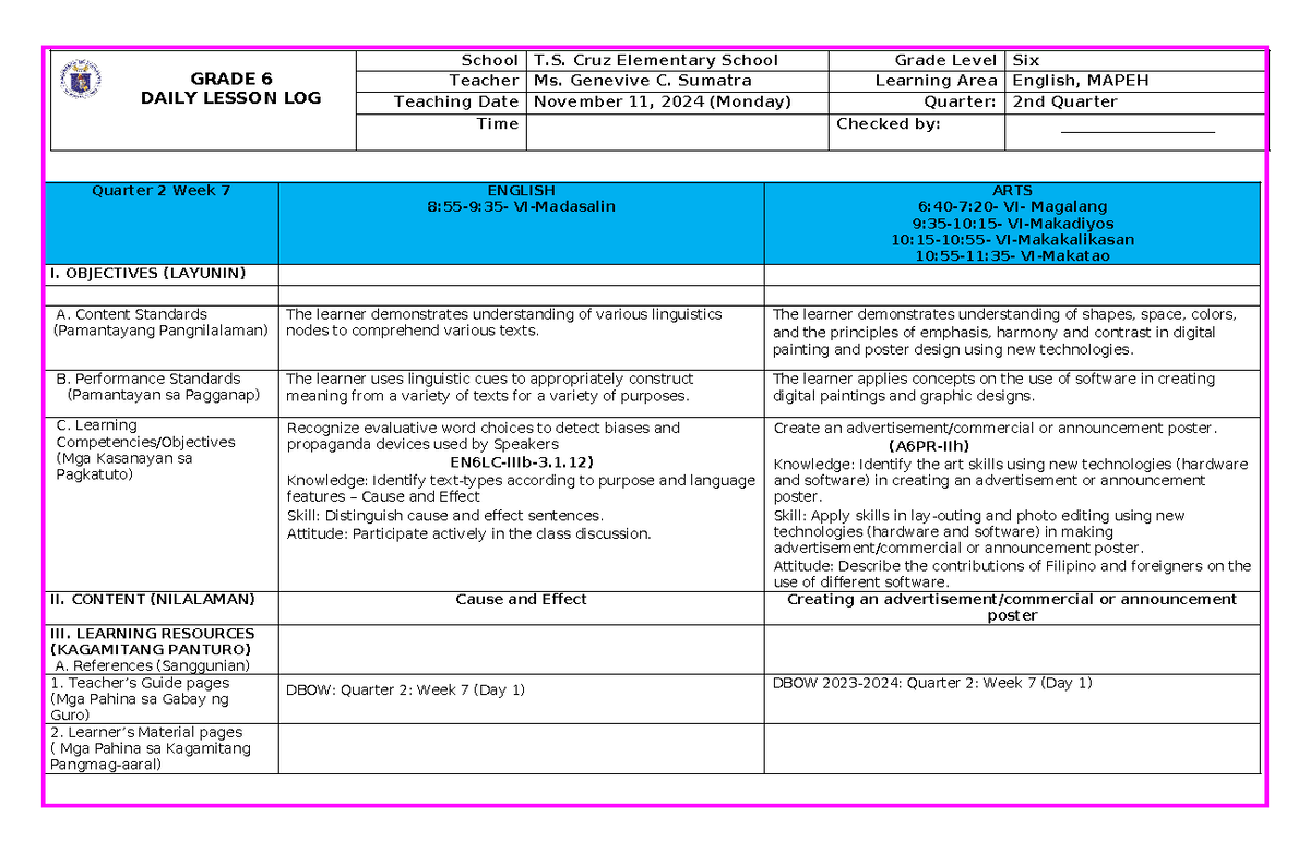 DLL Quarter 2- WEEK 7 - DLL- Grade 6 - GRADE 6 DAILY LESSON LOG School ...