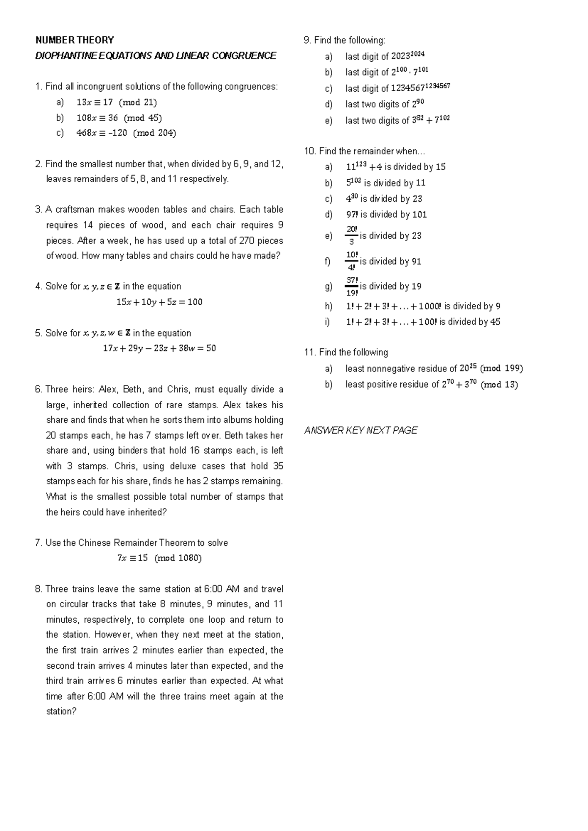 NUMBER THEORY 9: DIOPHANTINE EQUATIONS & LINEAR CONGRUENCES - Studocu
