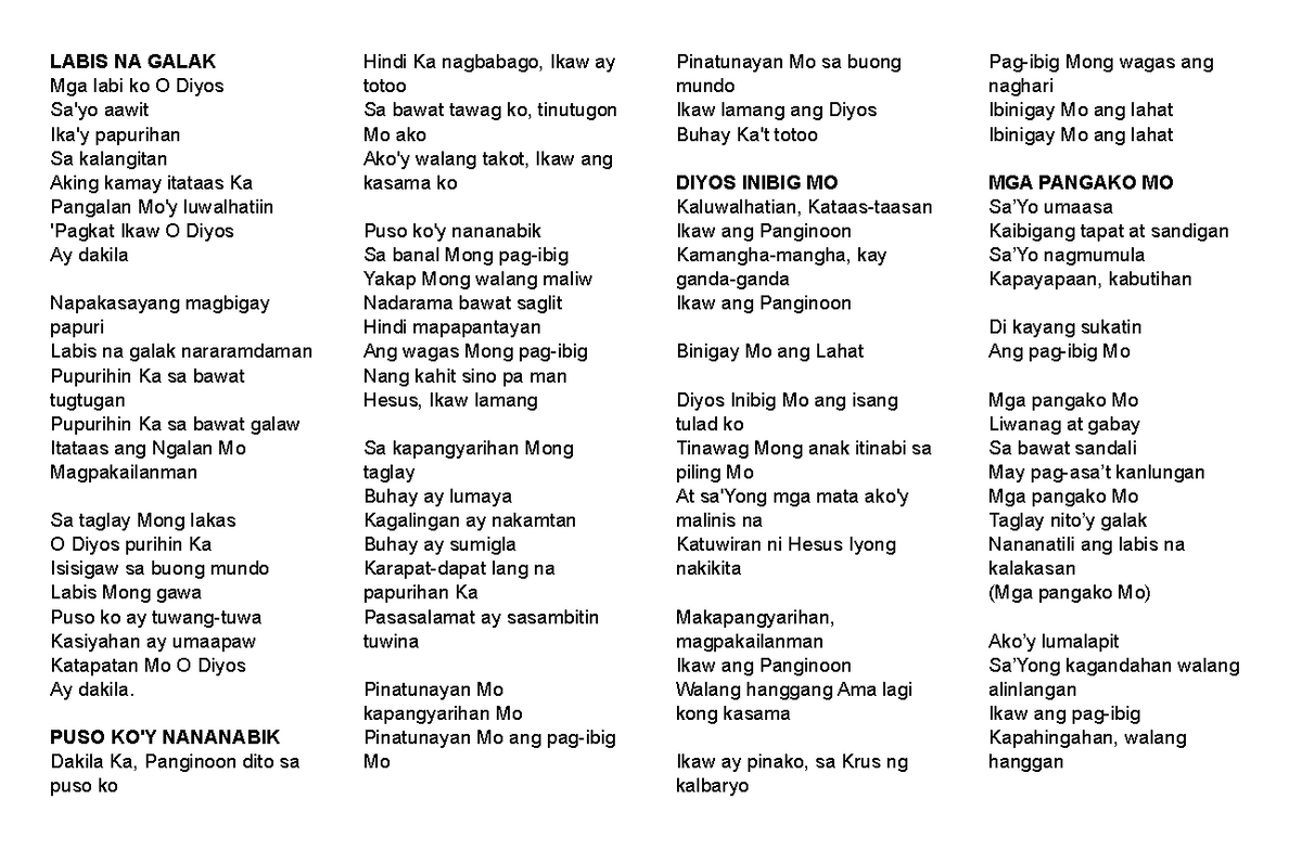 Lyrics - LABIS NA GALAK Mga labi ko O Diyos Sa'yo aawit Ika'y papurihan ...