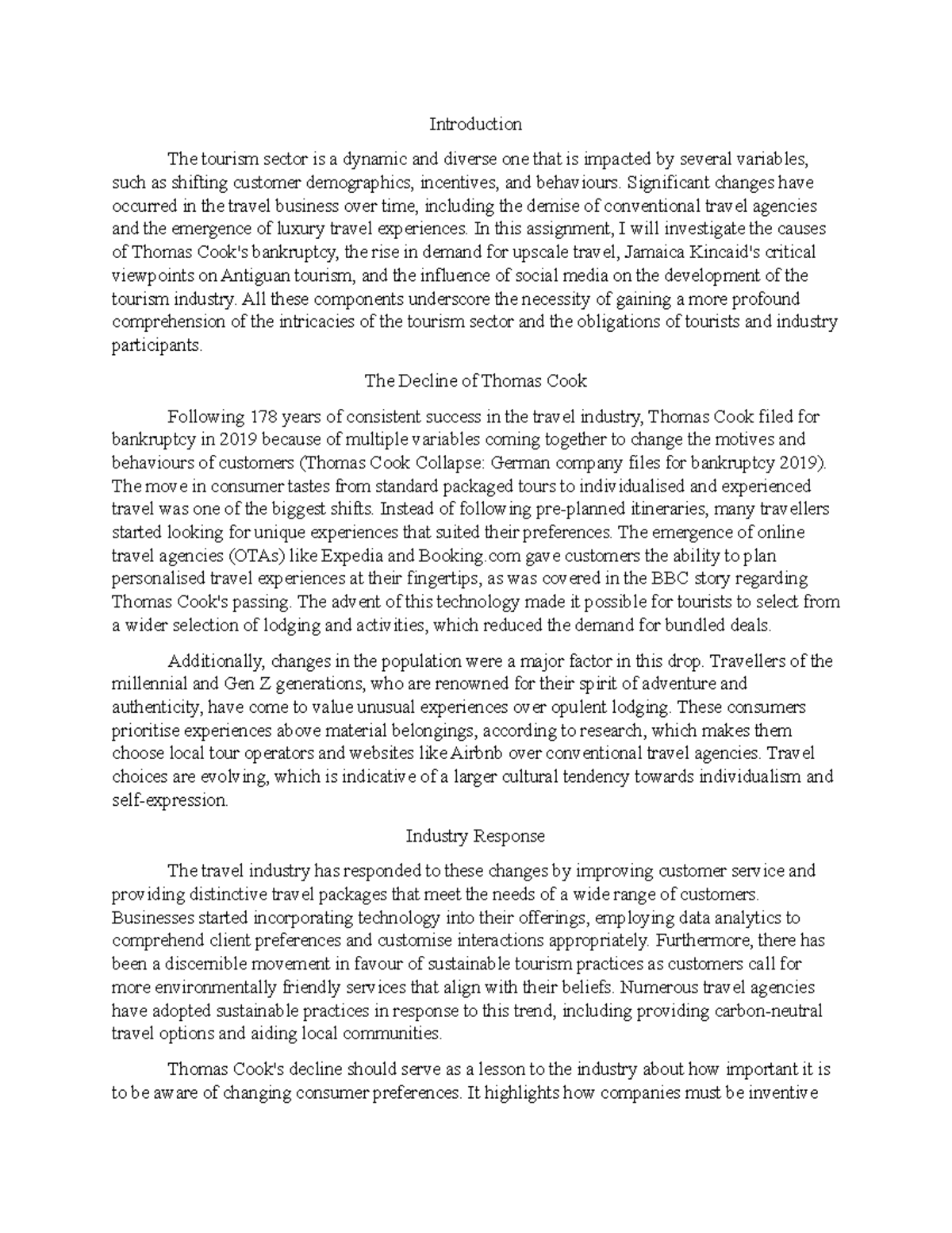 GG294 Report - Class assignment - Introduction The tourism sector is a ...