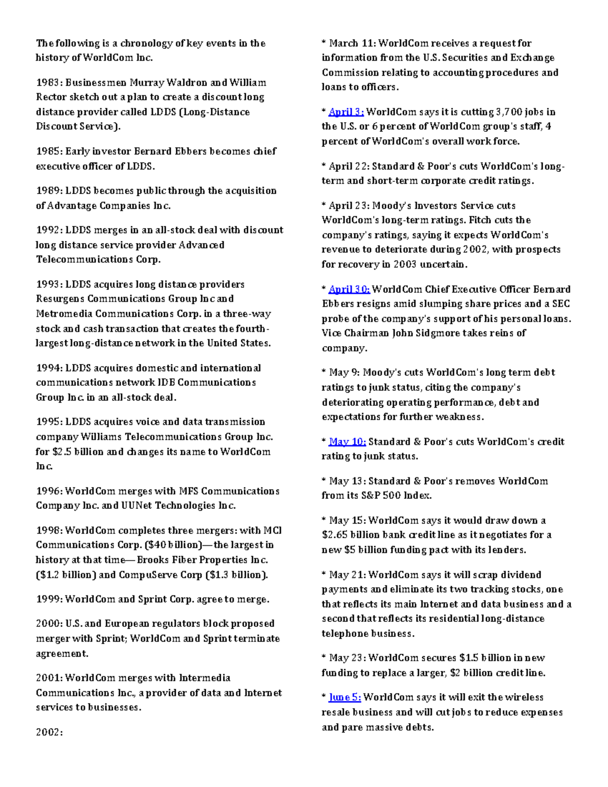 WorldCom Inc. Key Events Chronology: 1983-2005 - Studocu