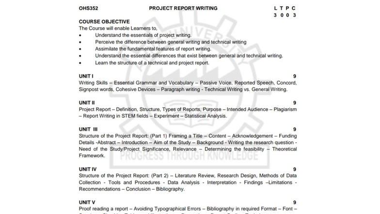 OHS352 Project Report Writing Syllabus LTPC 3003 - Studocu