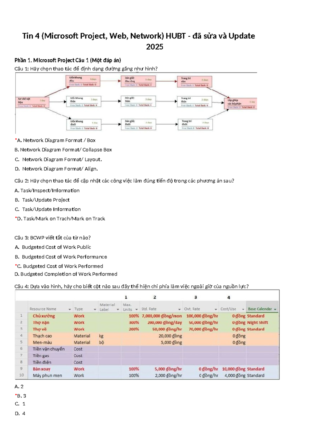 Tin 4 (HUBT) - Microsoft Project Update 2025: Câu Hỏi & Đáp án - Studocu