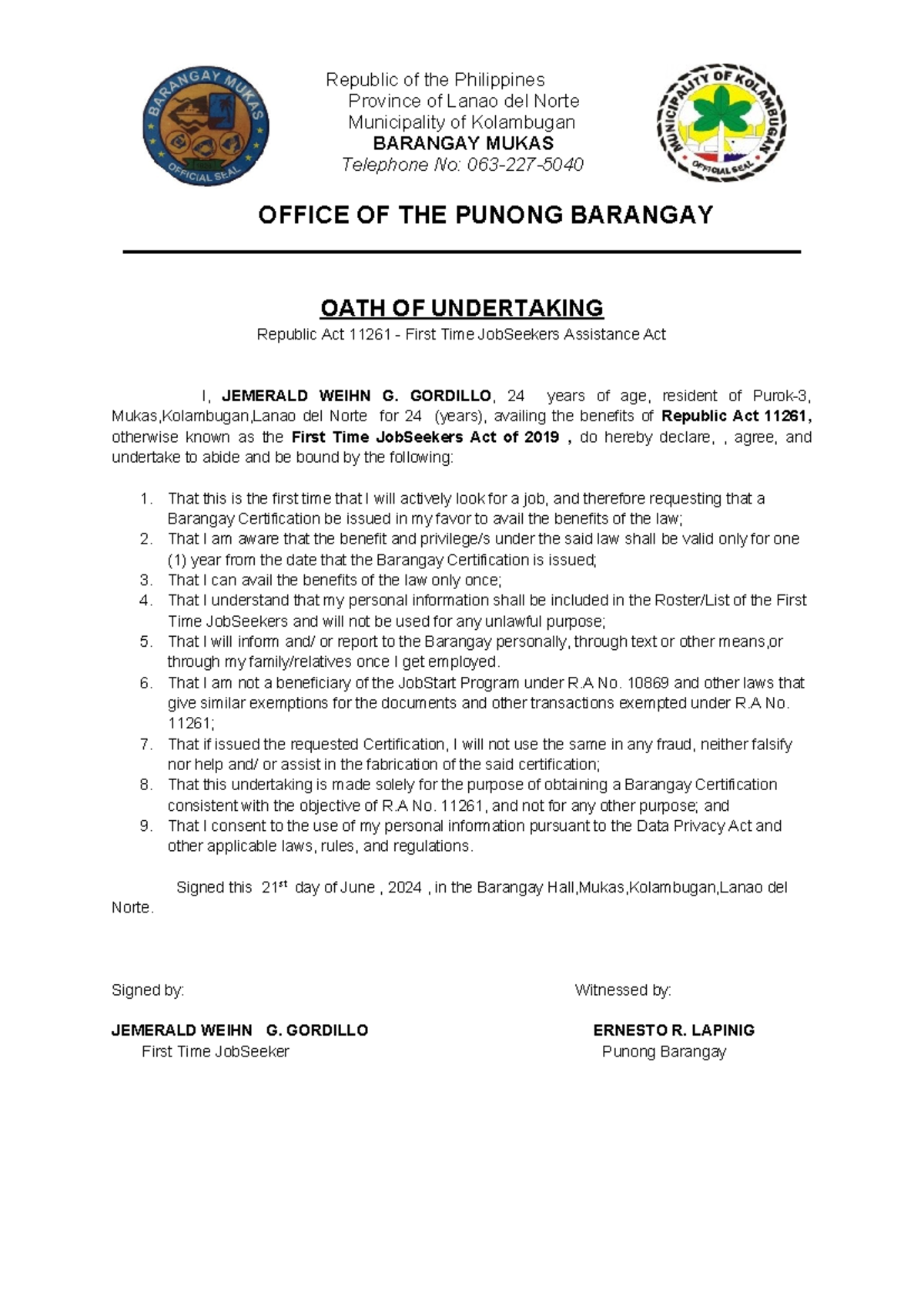 Oath of Undertaking Template for First Time Job Seekers (R.A. 11261 ...