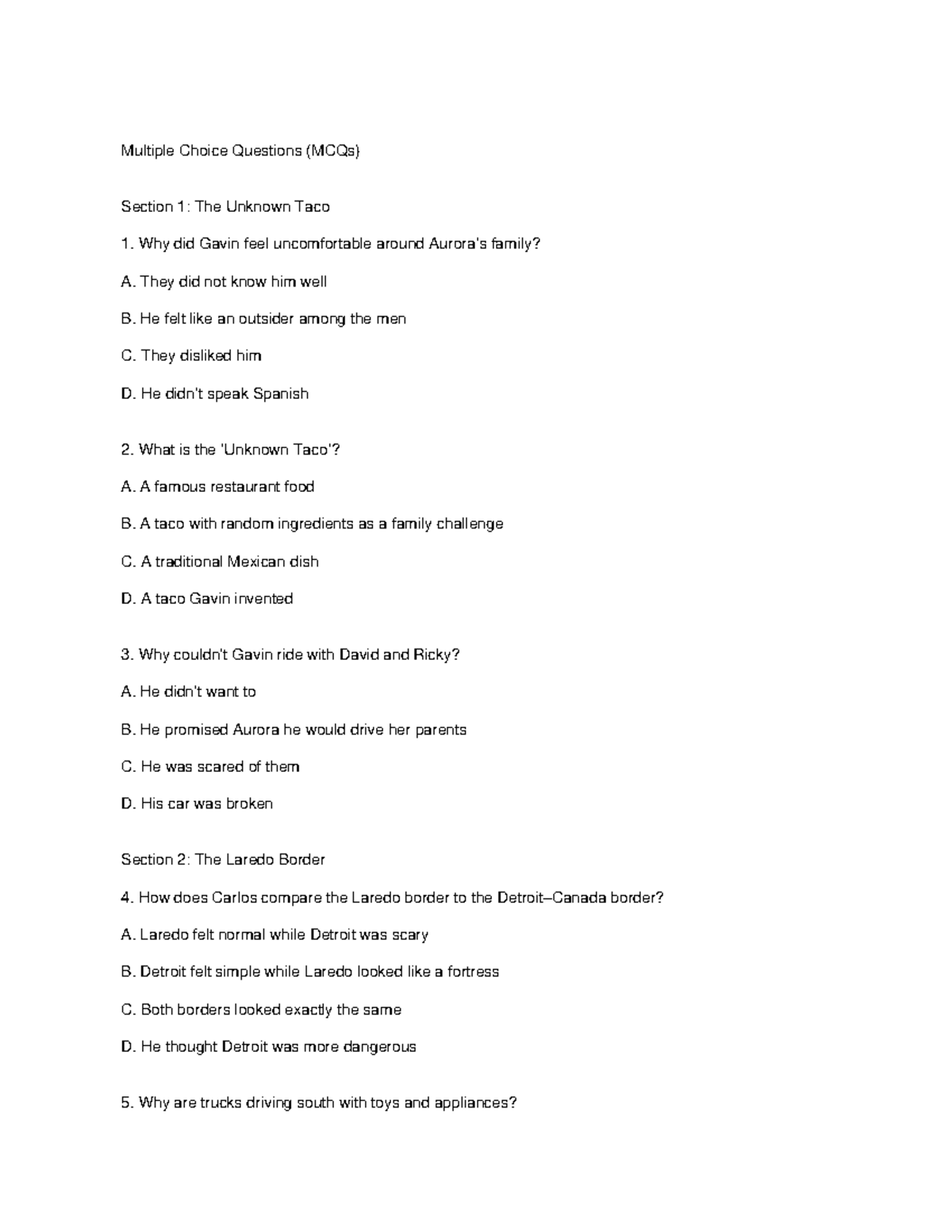 MCQs on "The Unknown Taco" & "The Laredo Border" - Section 1 & 2 - Studocu