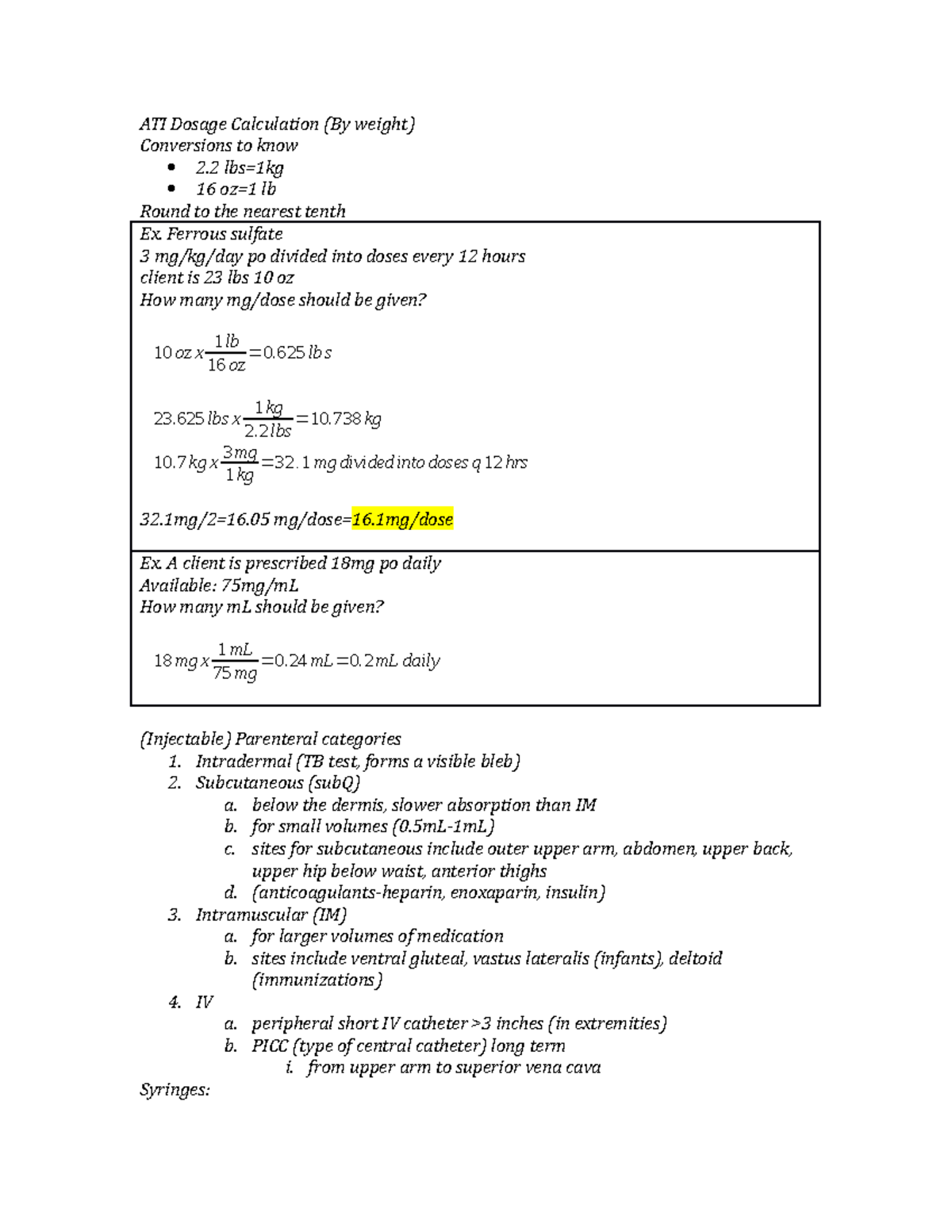 Outline And Notes For Ati Dosage Calculation (By Weight) - ATI Dosage ...