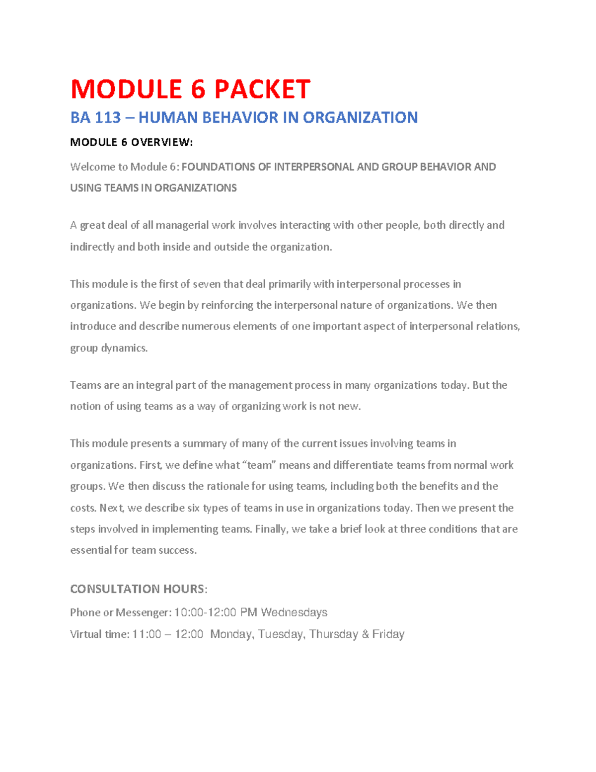 BA 113 Module 6: Interpersonal & Group Behavior Foundations - Studocu