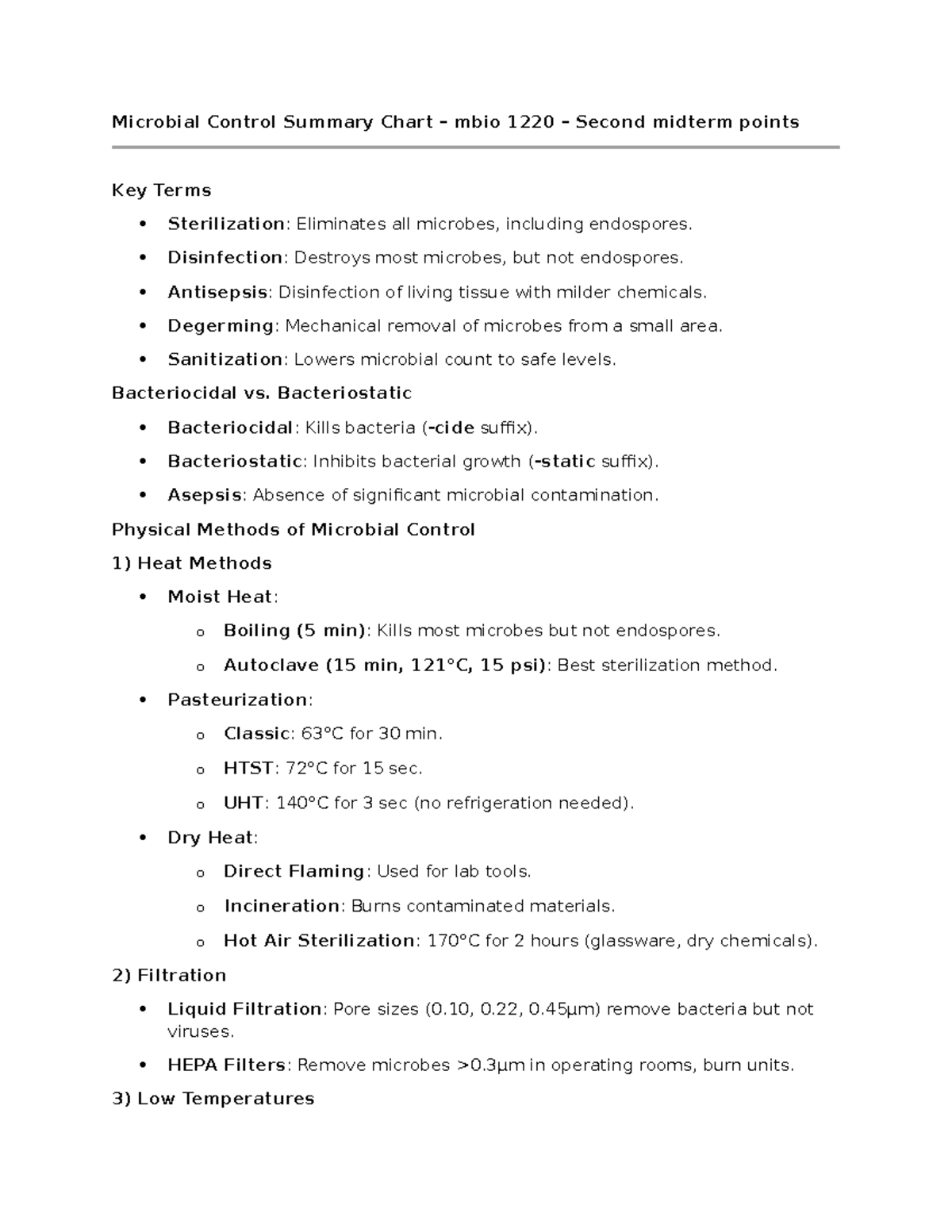 Microbial Control Summary for mbio 1220 - Second Midterm Review - Studocu