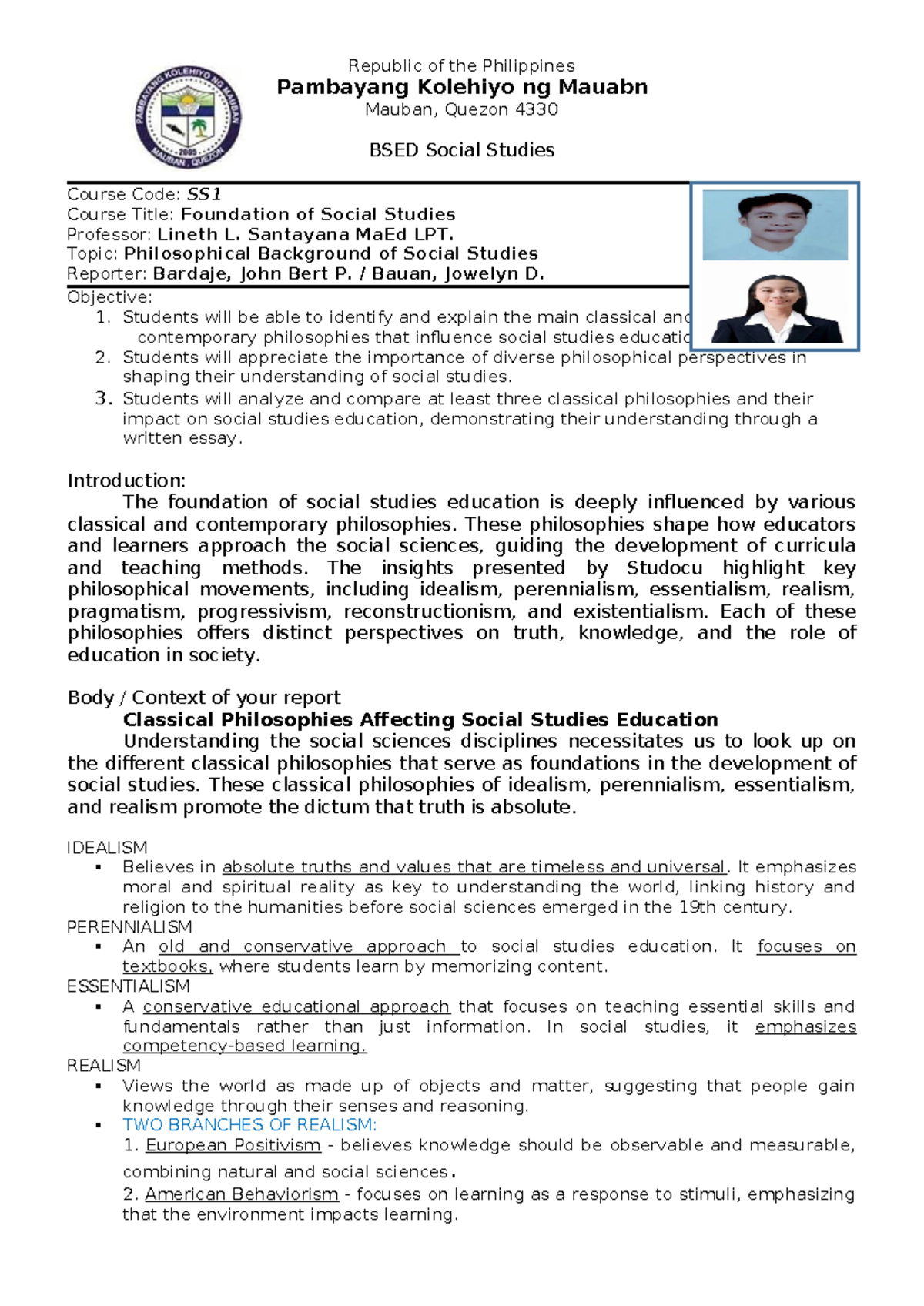 Philosophical Foundations of Social Studies - BSED SS Course Notes ...