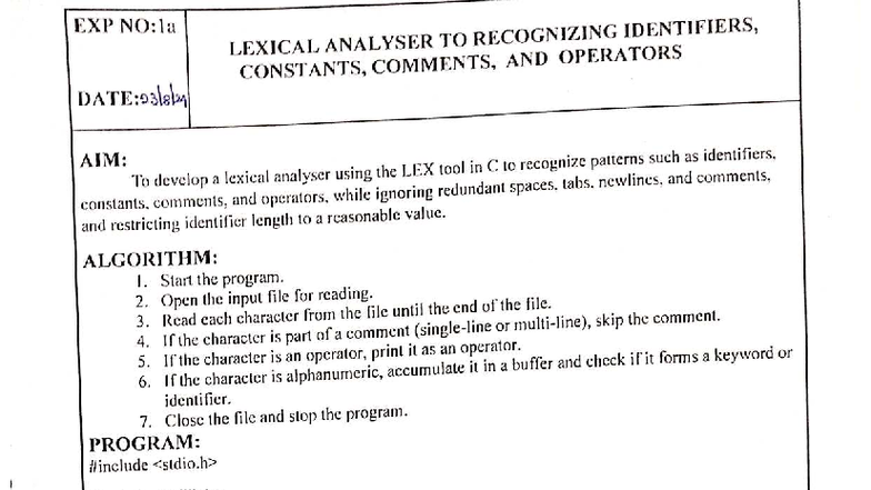 CD-1a Lexical Analyzer Implementation in C Using LEX Tool - Studocu