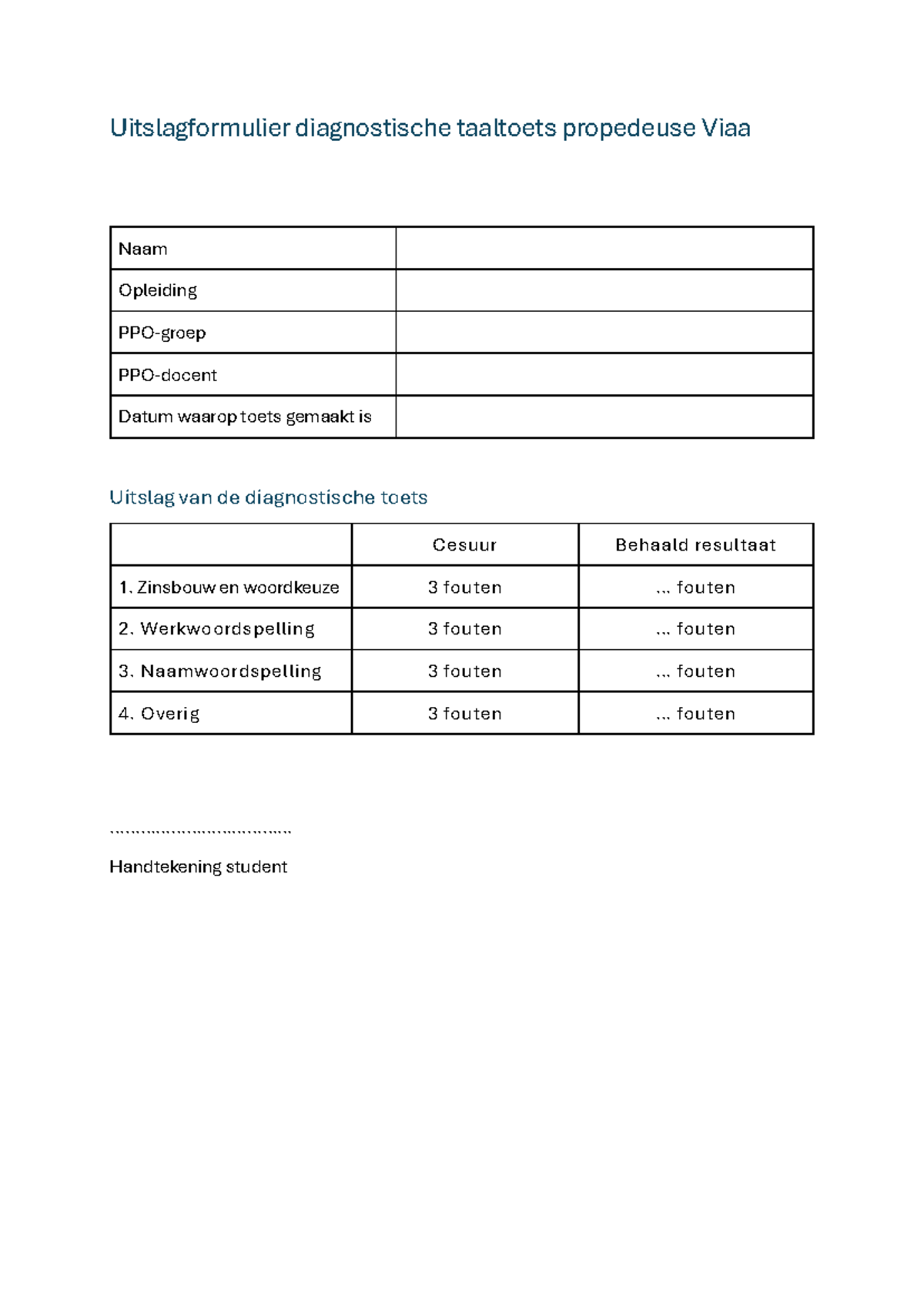 Uitslagformulier diagnostische taaltoets propedeuse Viaa ...
