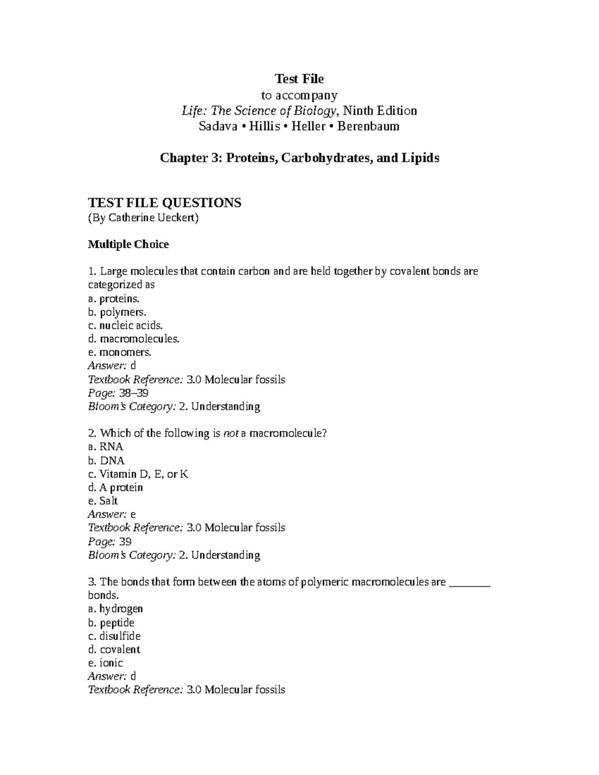 Chapter 3 Test Bank - Test File to accompany Life: The Science of ...