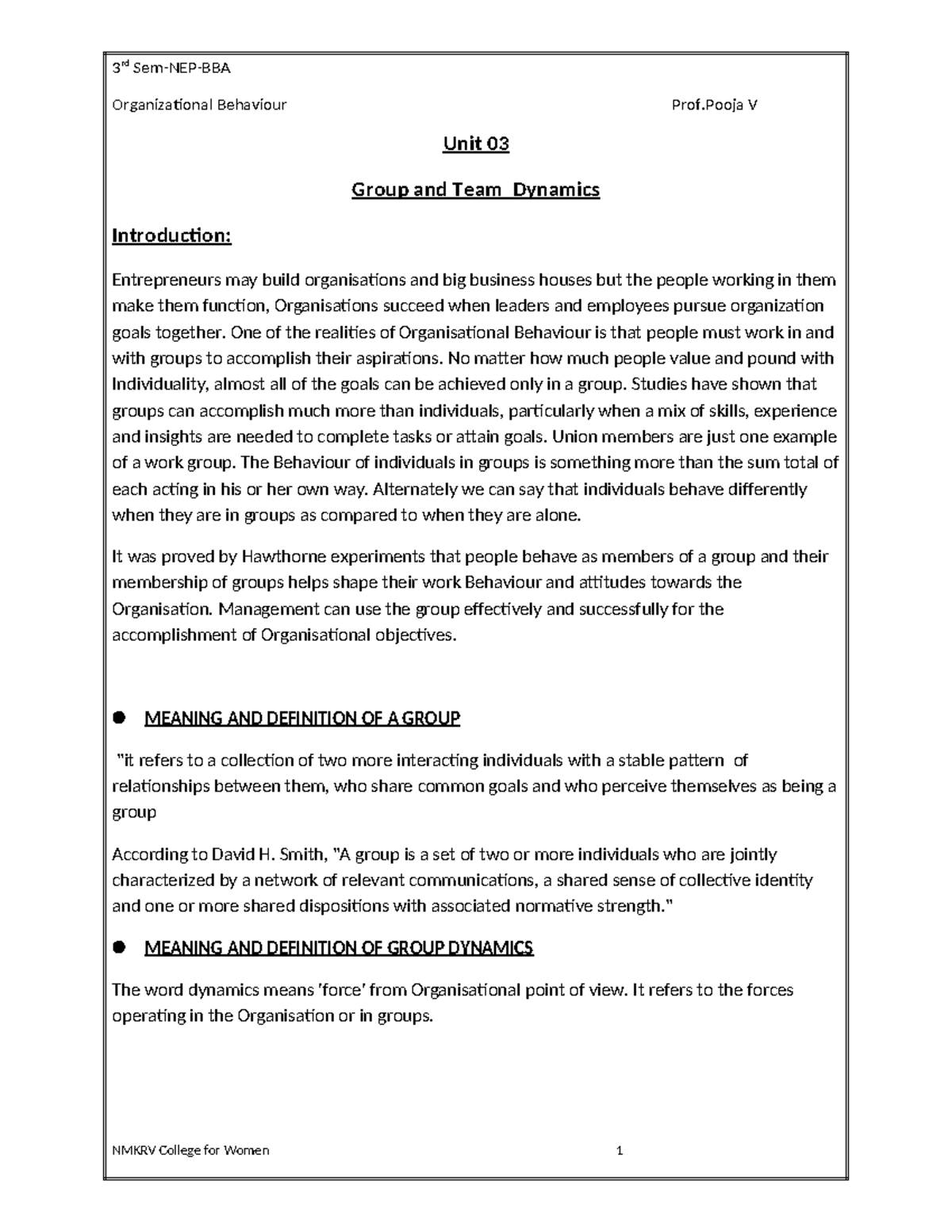 BBA- OB 3rd sem Unit-03 - Notes - Organizational Behaviour Prof V Unit ...