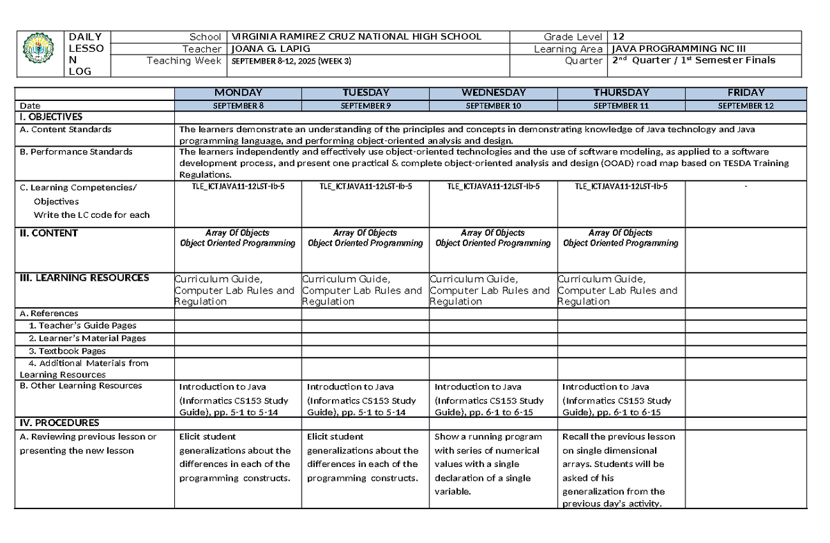 DLL JAVA PROGRAMMING WEEK 3 QTR 2 - Lesson Log - Studocu