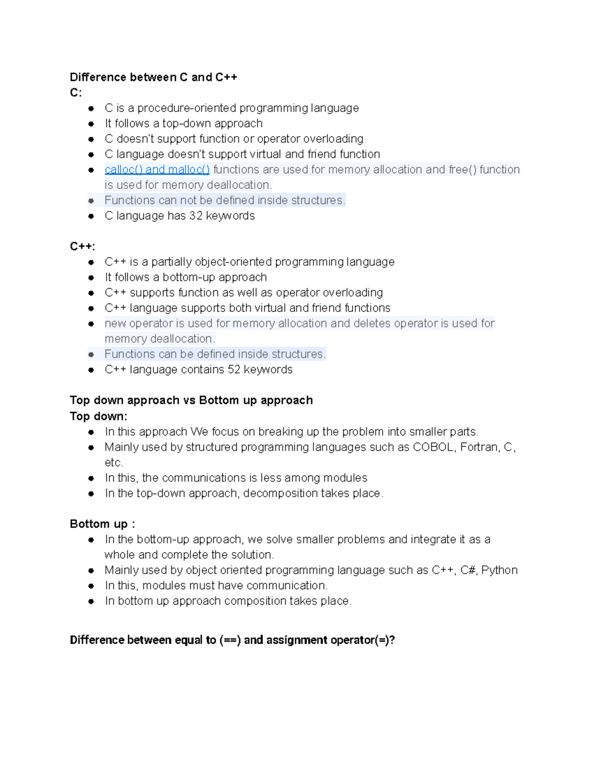 CPP Interview - C Programming Concepts and Differences - Studocu