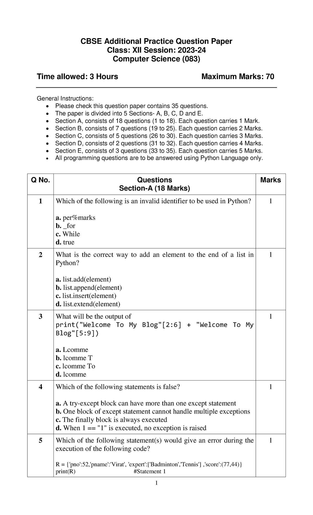 CS 083 Class XII Additional Practice Questions Paper - Studocu