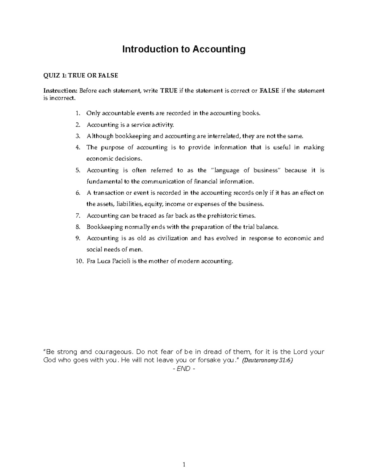 Intro to Accounting Quiz - Introduction to Accounting QUIZ 1: TRUE OR ...