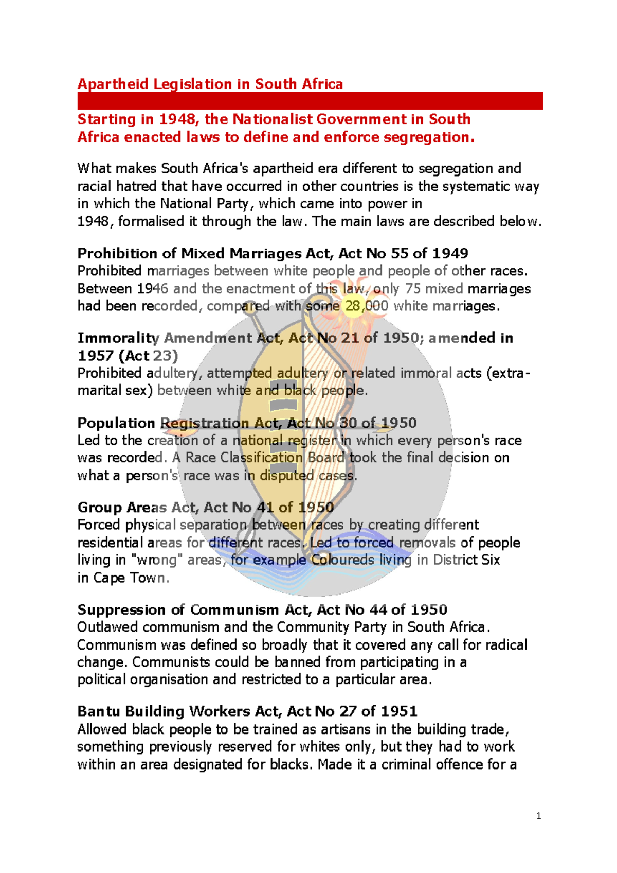 Apartheid Laws in South Africa: A Comprehensive Overview (HIST 101 ...