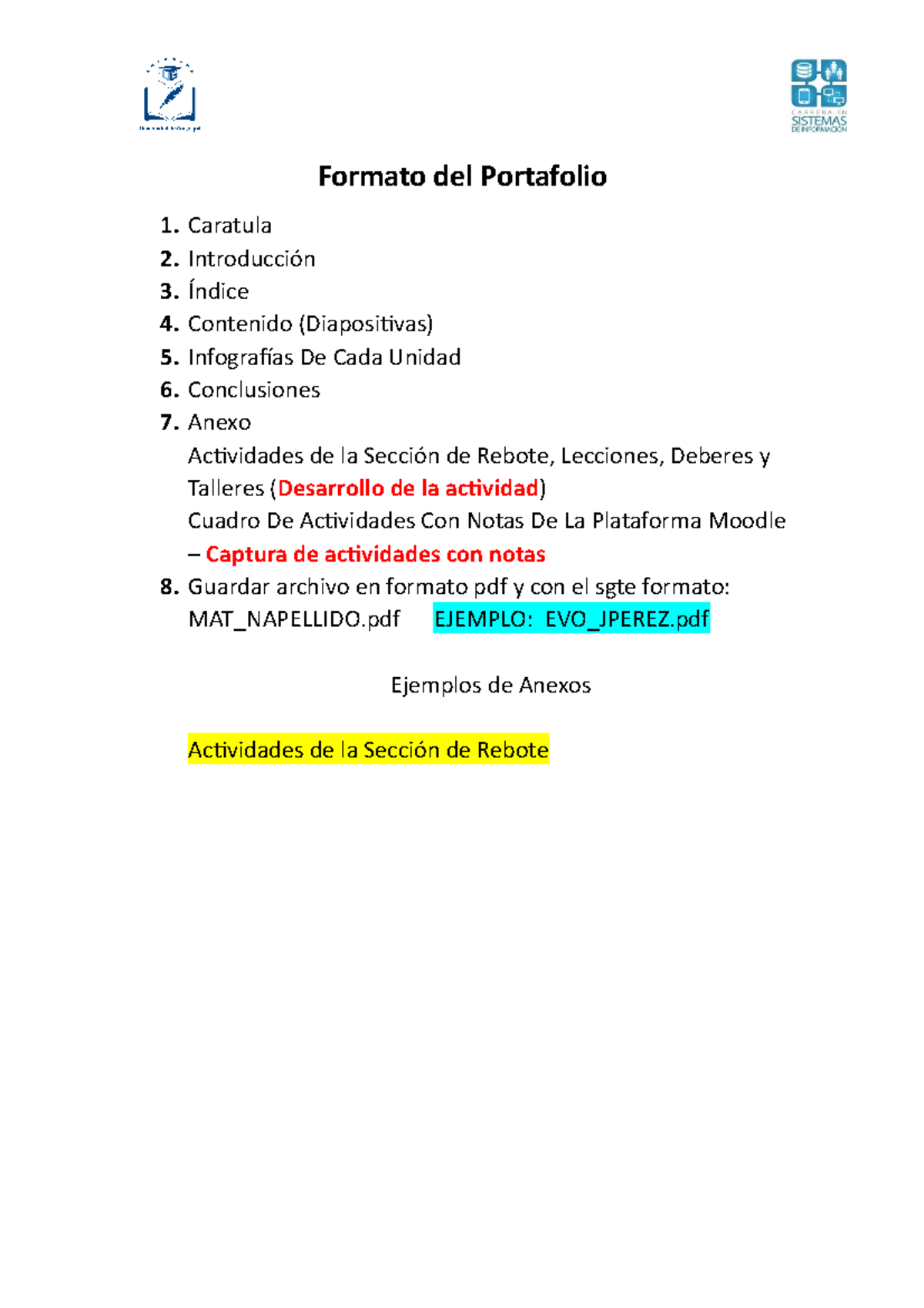 Portafolio - Contenido - Formato del Portafolio Caratula Introducción Índice Contenido - Studocu