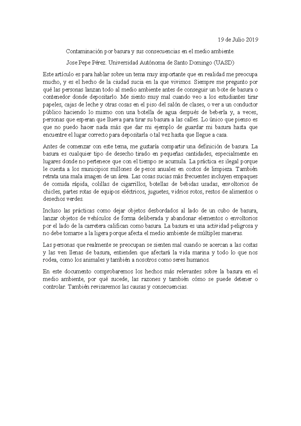 Artículo sobre Contaminación por Desperdicios en las Calles - UASD ...