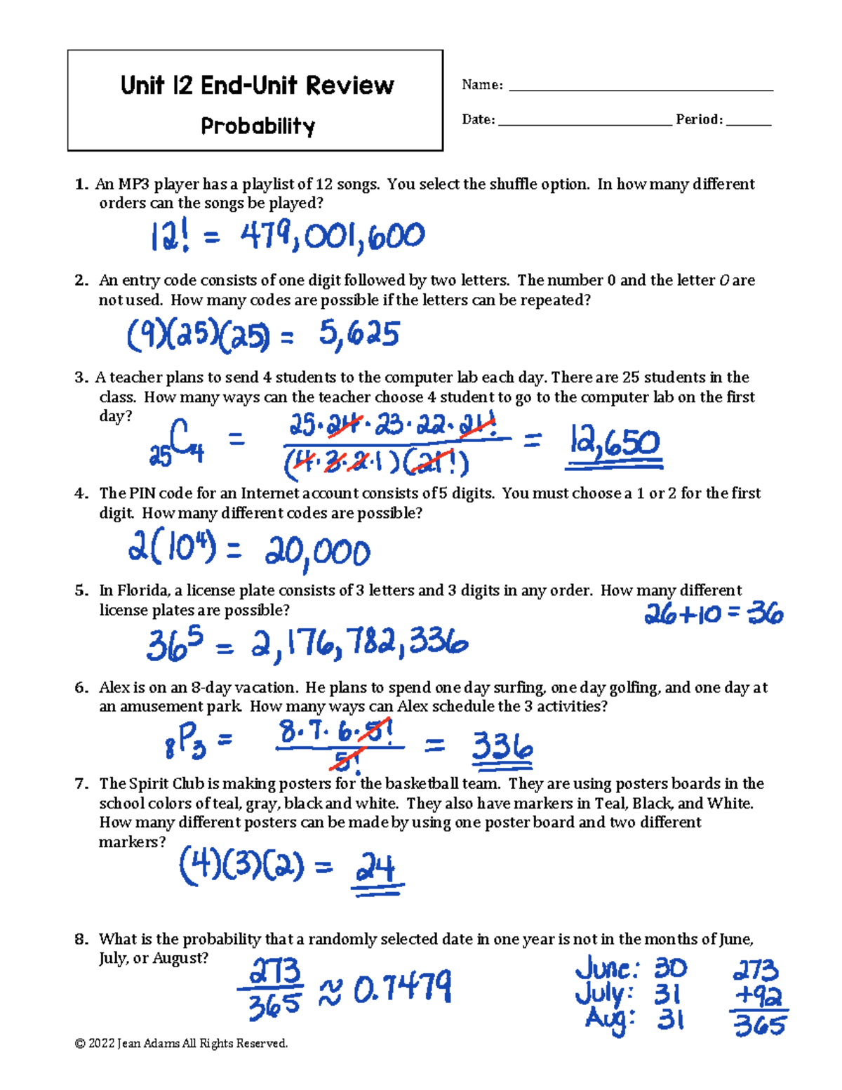 Unit 12 Review: Probability Concepts and Problems - Studocu