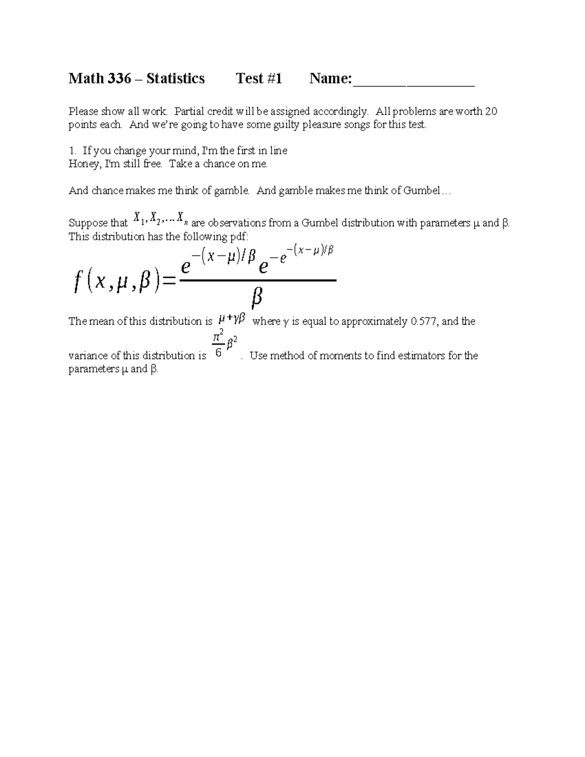 336practest 1 - Practice Test for Exam #1. - Math 336 – Statistics Test ...