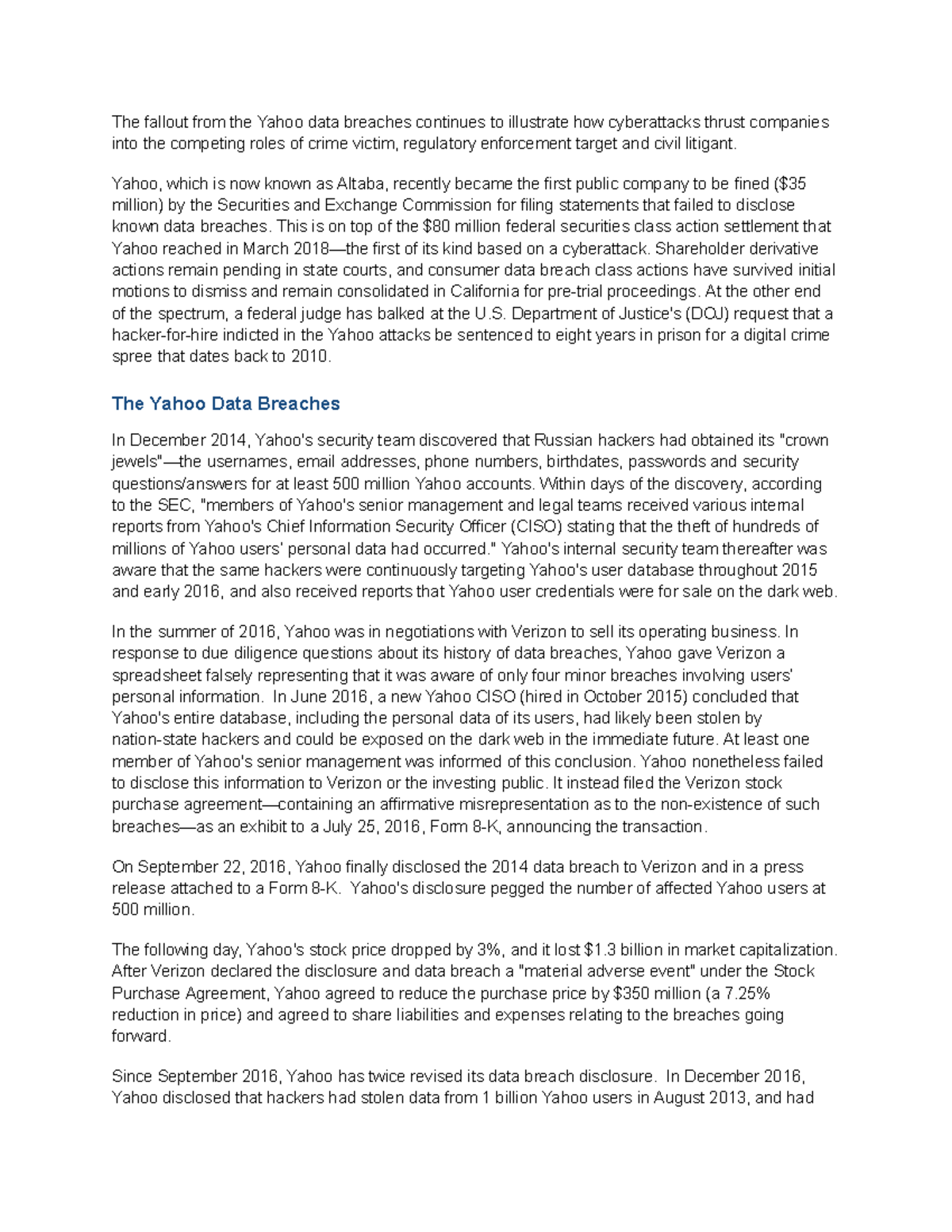 Yahoo Data Breaches: A Case Study on Cybersecurity Failures and Legal - Studocu