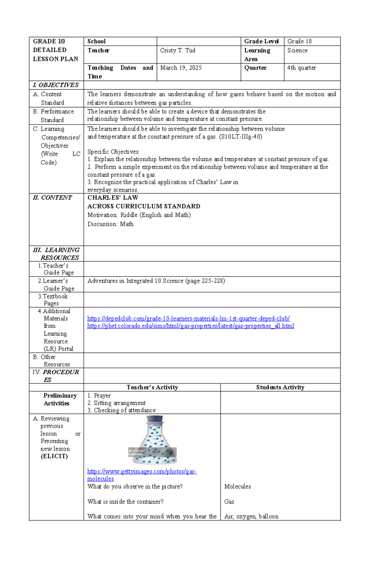 Junior Observation - lesson plan in science - GRADE 10 DETAILED LESSON ...